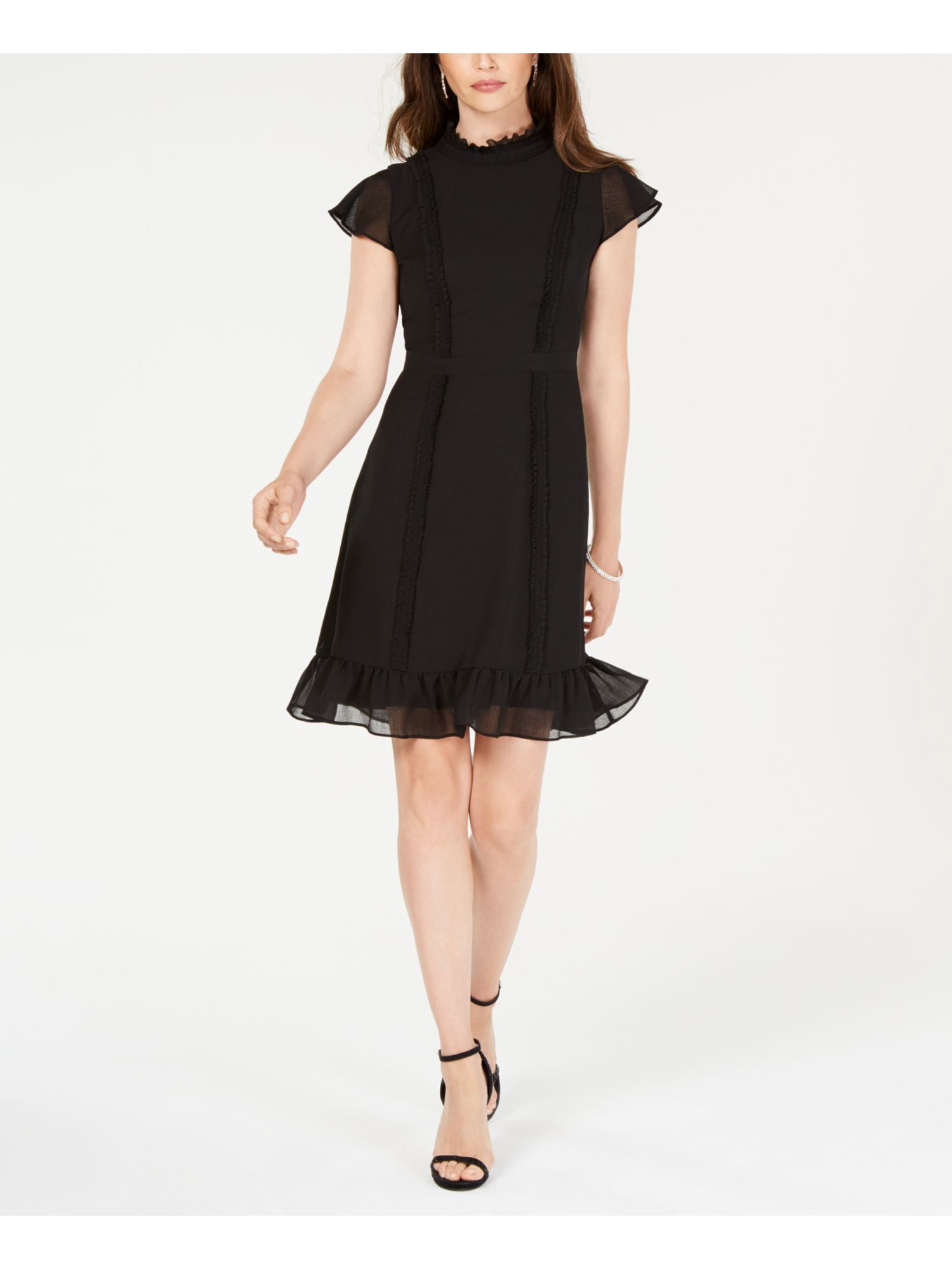 ADRIANNA PAPELL Womens Black Ruffled Zippered High Neckline Sheer Lined ...