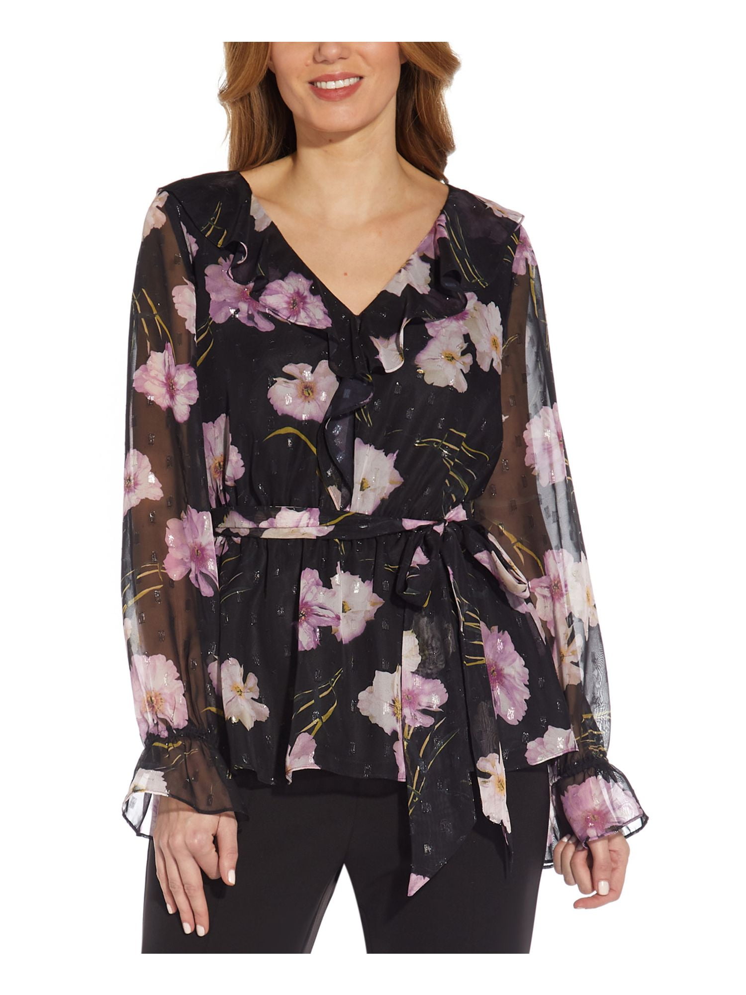ADRIANNA PAPELL Womens Black Sheer Ruffled Floral Balloon Sleeve V Neck ...