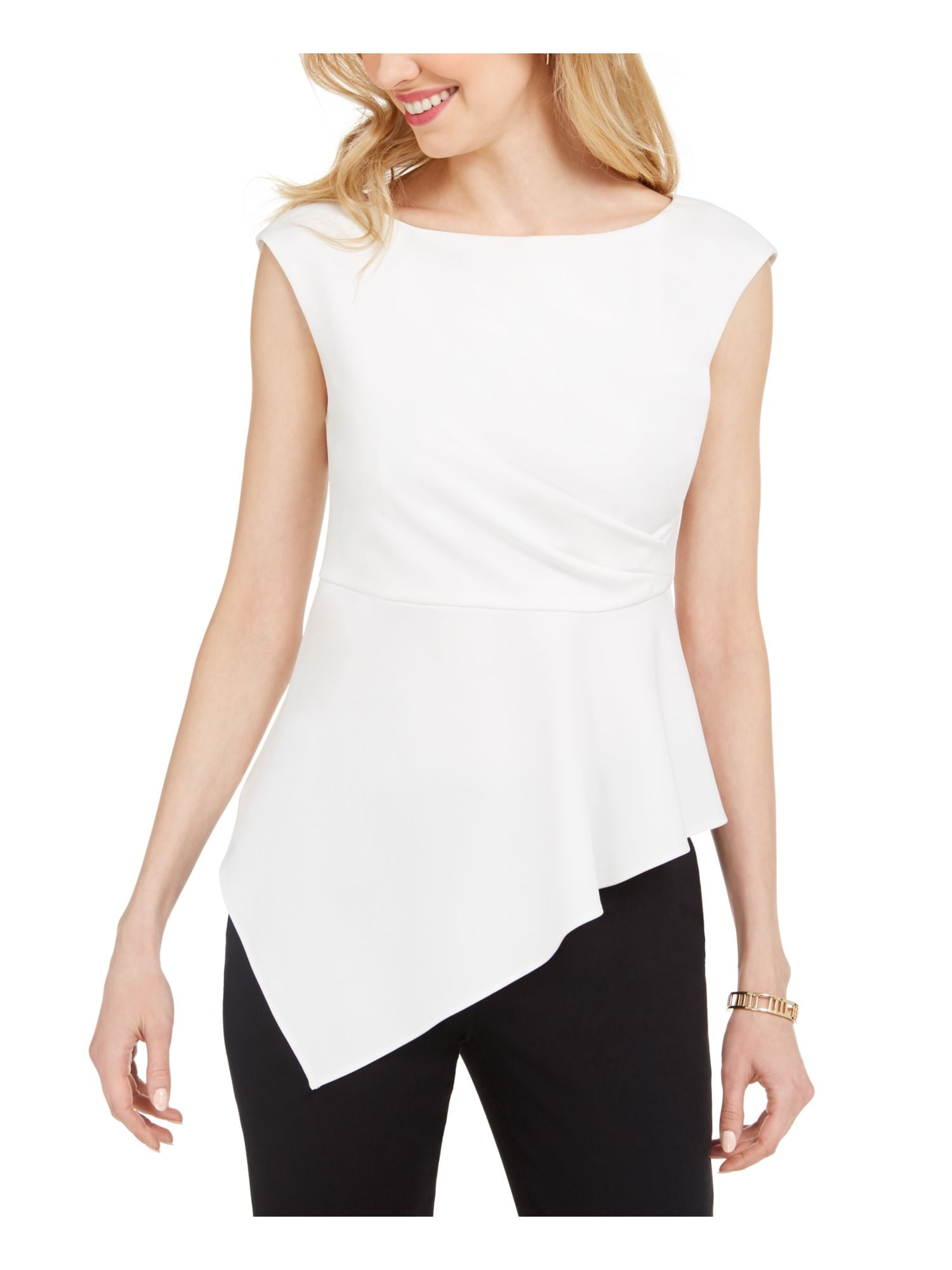 ADRIANNA PAPELL Womens Ivory Ruched Zippered Sleeveless Peplum Top ...
