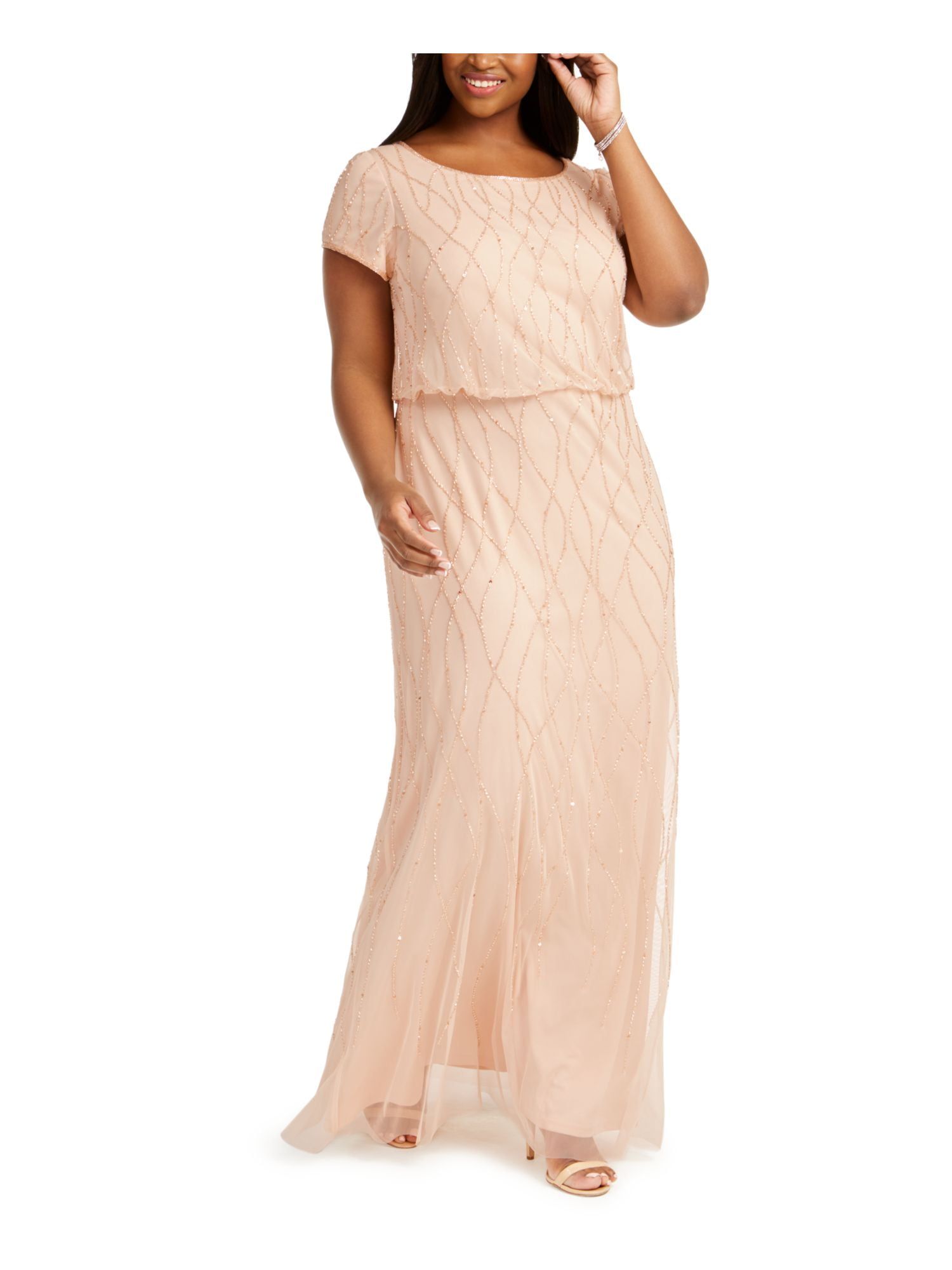 ADRIANNA PAPELL Womens Light Pink Beaded Sequined Short Sleeve Scoop ...