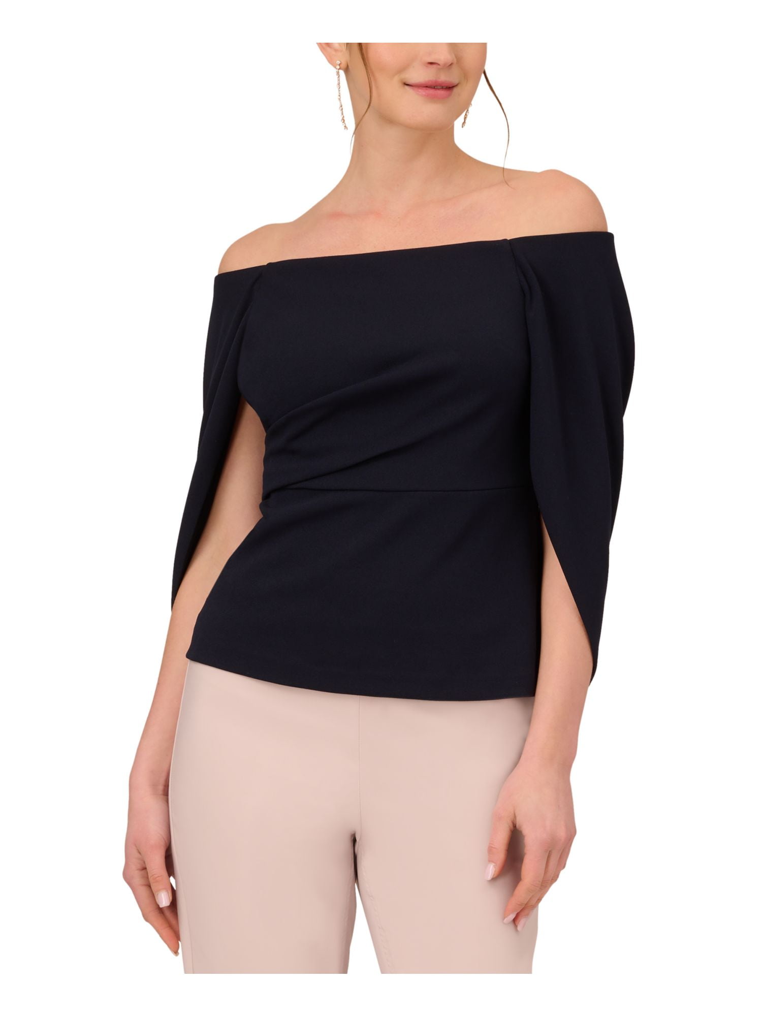 ADRIANNA PAPELL Womens Navy Zippered Cape Sleeve Off Shoulder Evening ...