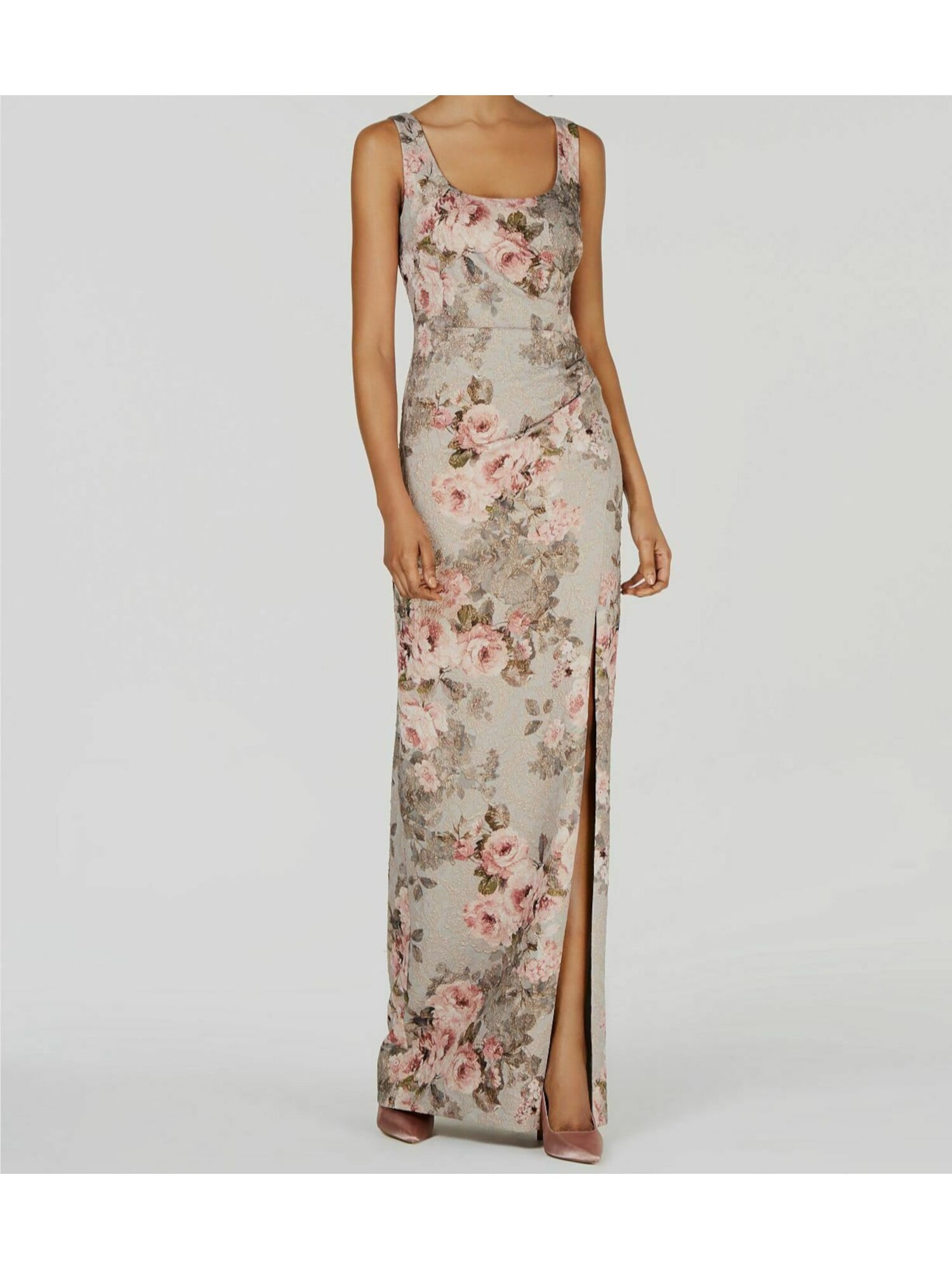 ADRIANNA PAPELL Womens Green Slitted Floral Sleeveless Scoop Neck Maxi ...