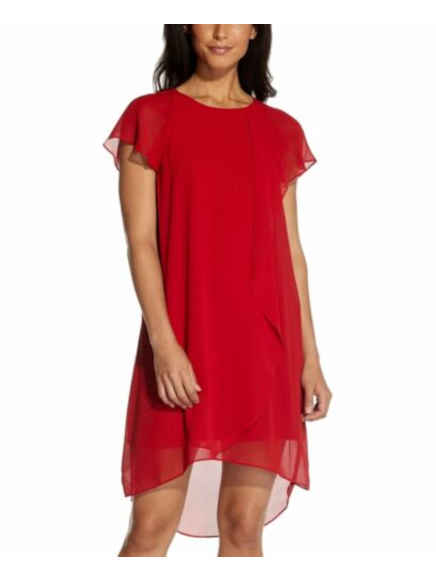 ADRIANNA PAPELL Womens Red Sheer Overlay V Twist Back Lined Flutter ...