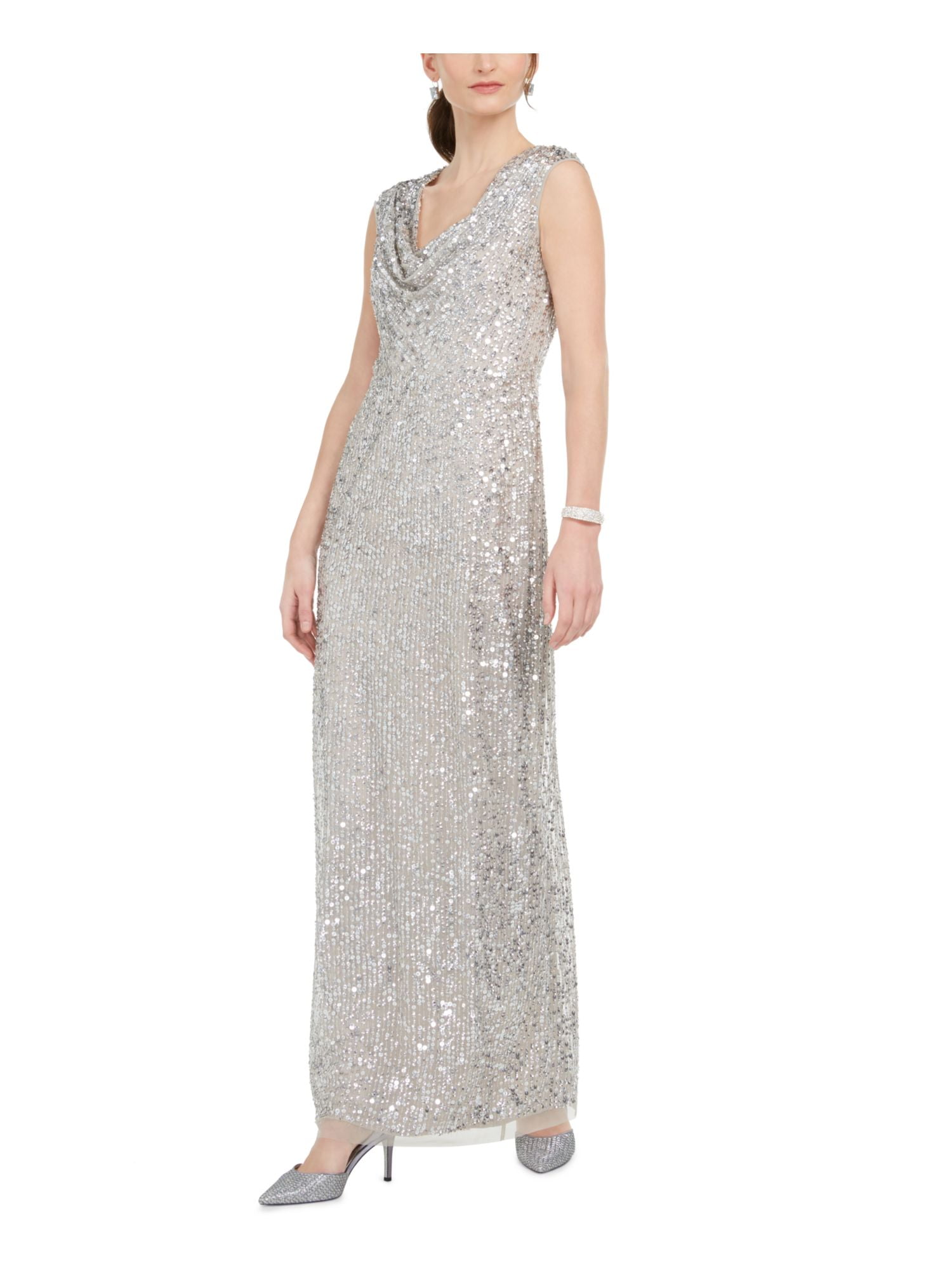 ADRIANNA PAPELL Womens Silver Sequined Sleeveless Cowl Neck Evening ...