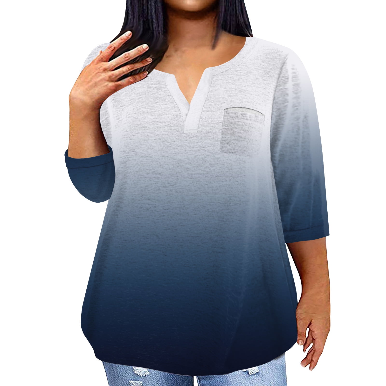 ADSSDQ 3/4 Sleeve Plus Size Tops For Women With Pocket Summer Tie Dye ...