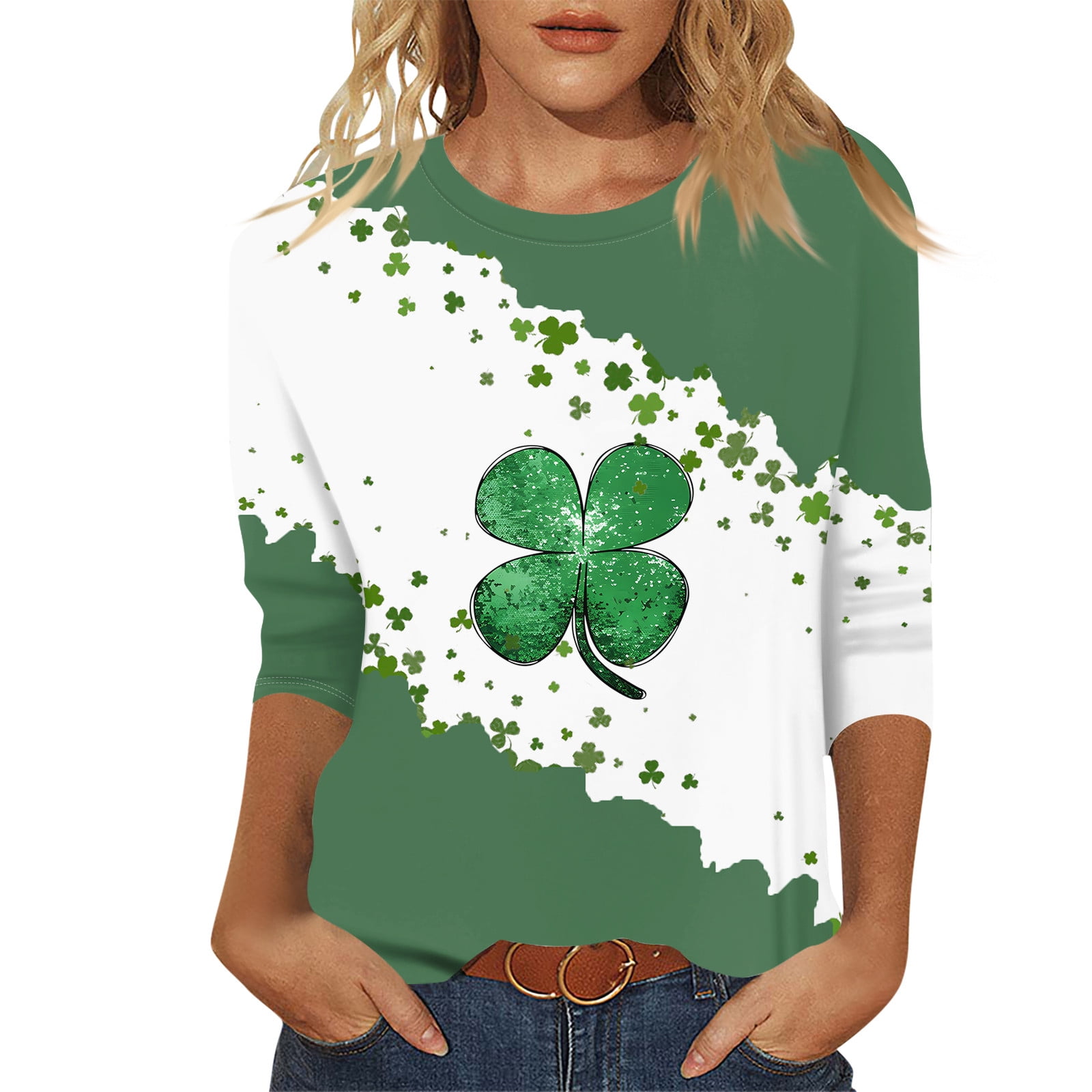ADSSDQ 3/4 Sleeve Tops for Women Irish Lucky Clover St Patricks Day ...