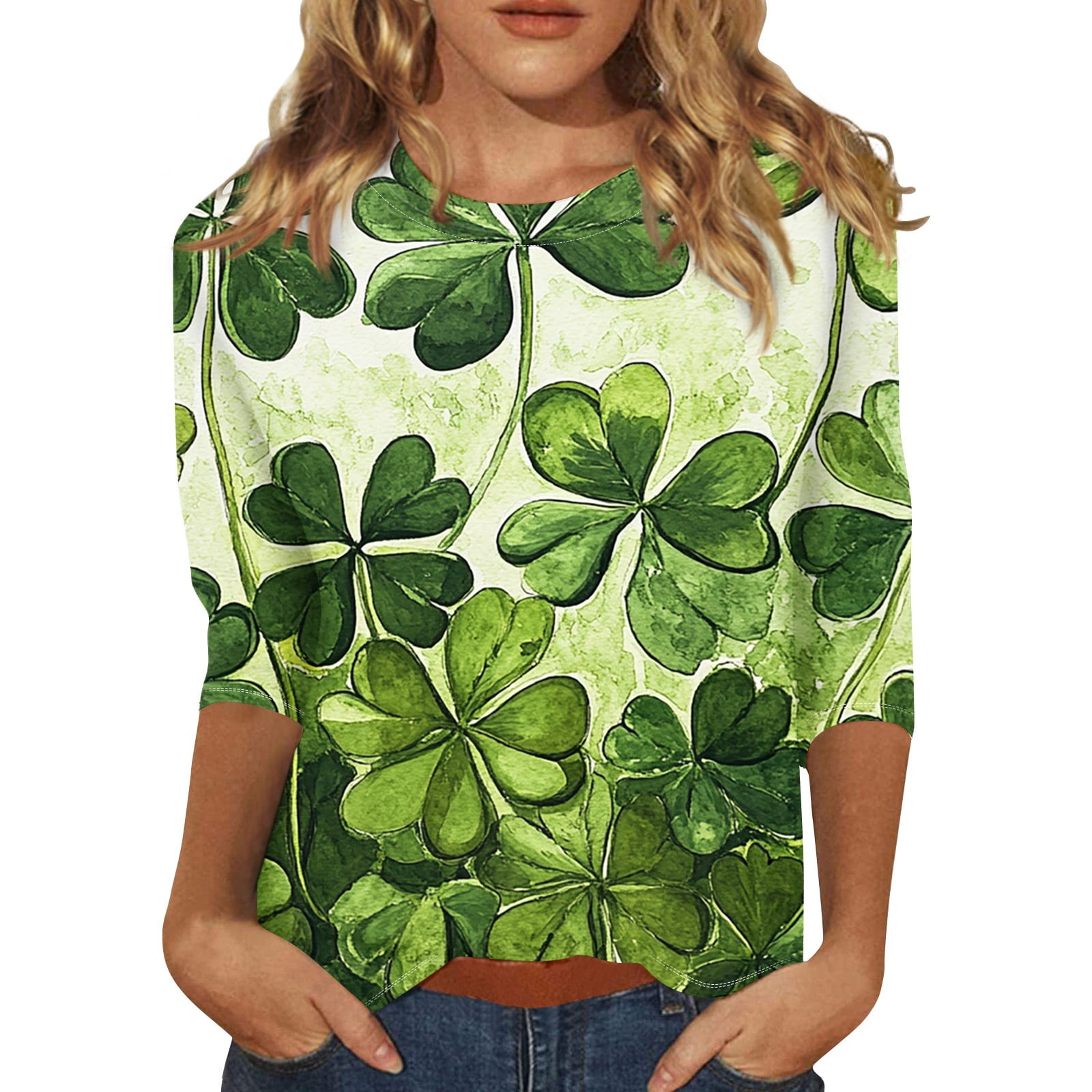 ADSSDQ 3/4 Sleeve Tops for Women Irish Shamrock Print St. Patricks Day ...