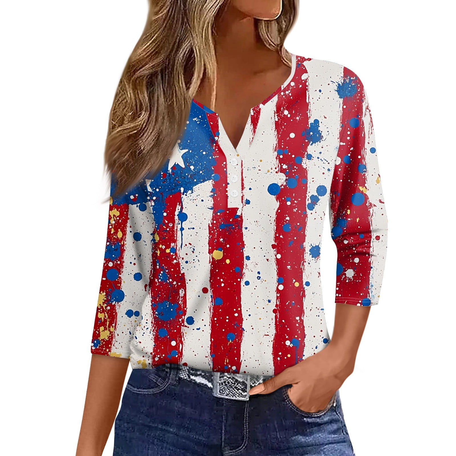 ADSSDQ 4th of July Shirts Women American Flag 3/4 Sleeve Tops Henley V ...