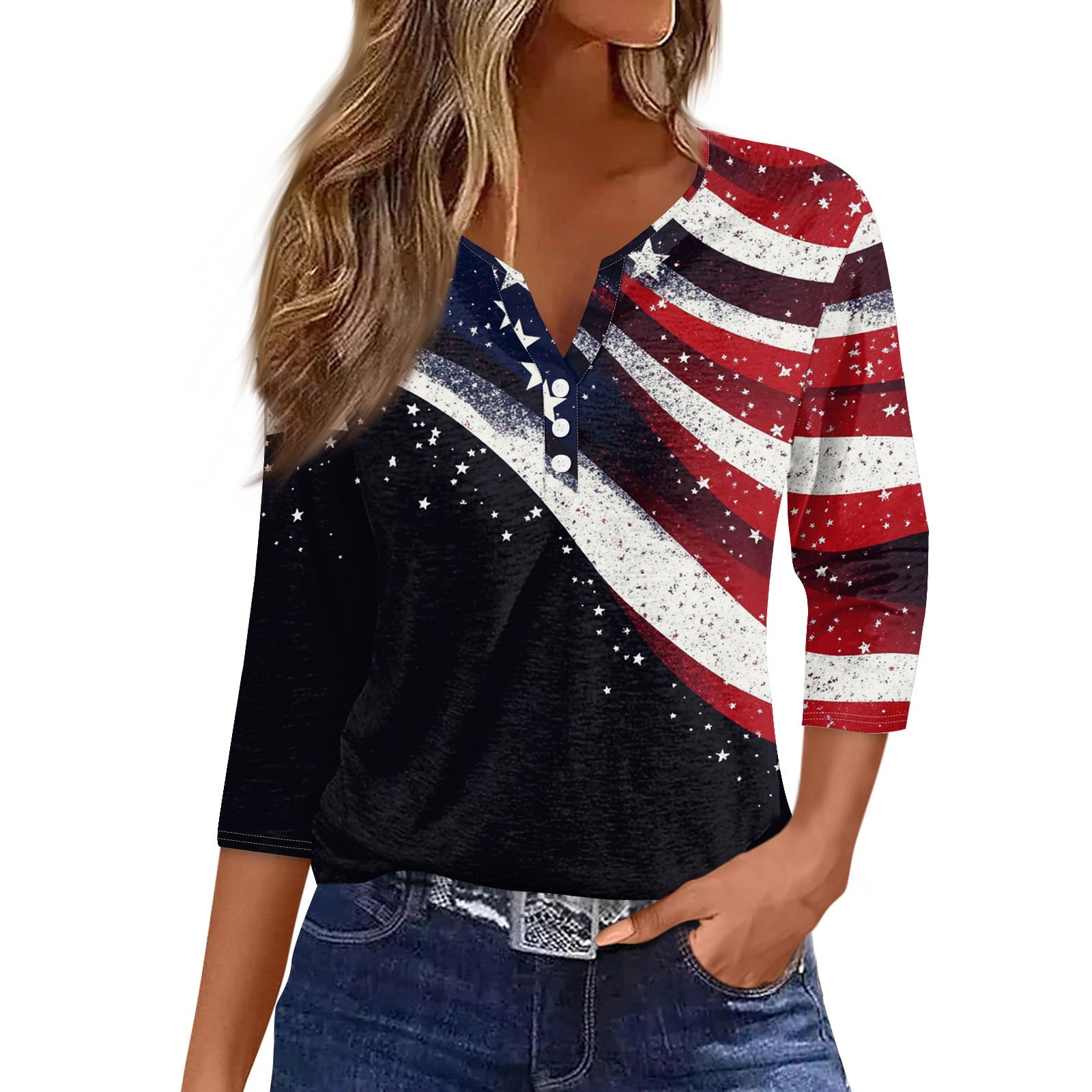 ADSSDQ 4th of July Shirts Women American Flag 3/4 Sleeve Tops Henley V ...