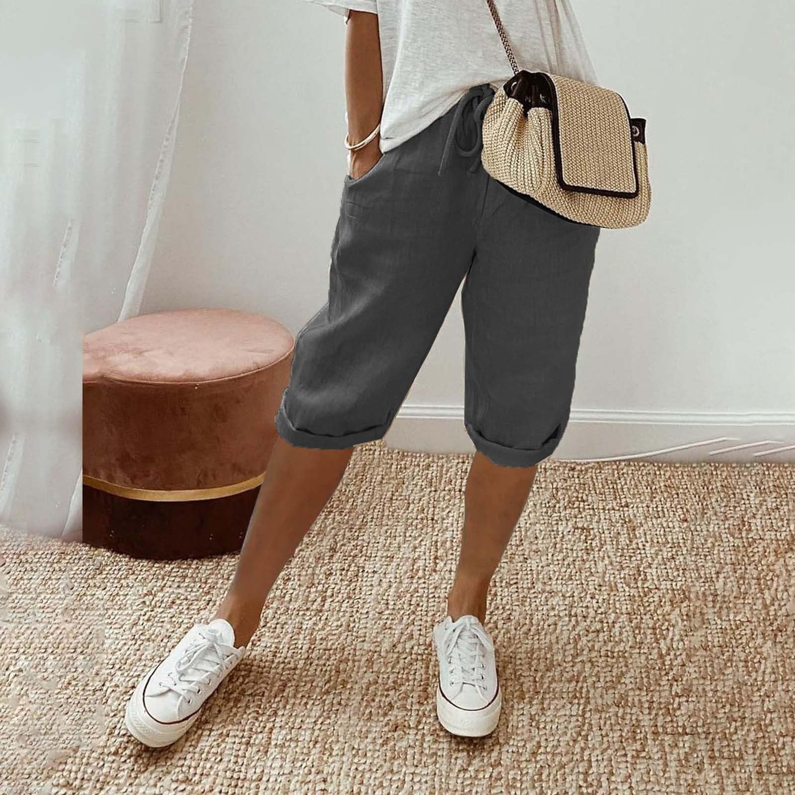 ADSSDQ Bermuda Shorts for Women Knee Length Cotton Linen Elastic Waist ...