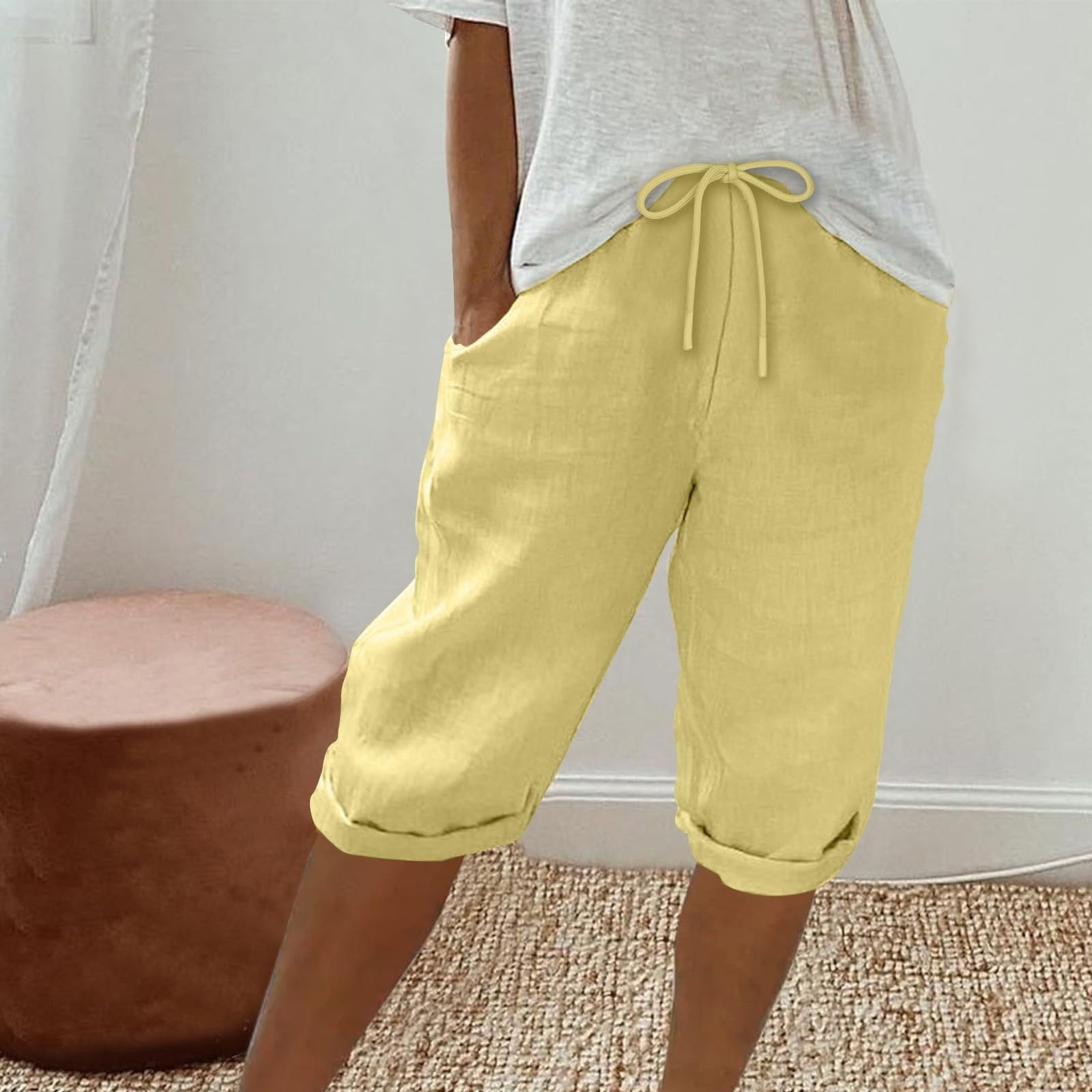 ADSSDQ Bermuda Shorts for Womens Knee Length Cotton Linen Elastic Waist ...