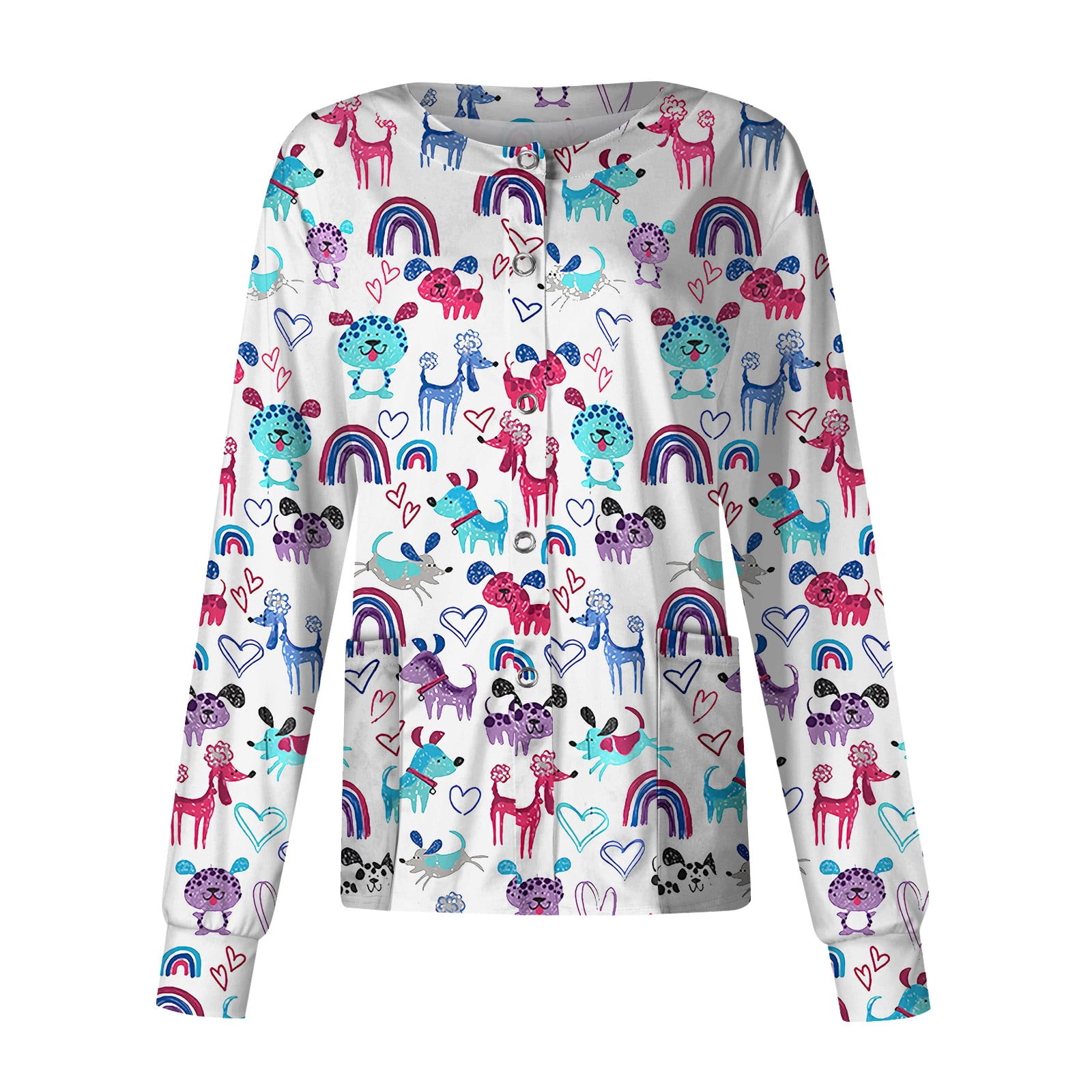 ADSSDQ Button Down Long Sleeve Scrub Jackets for Women Cute Printed ...
