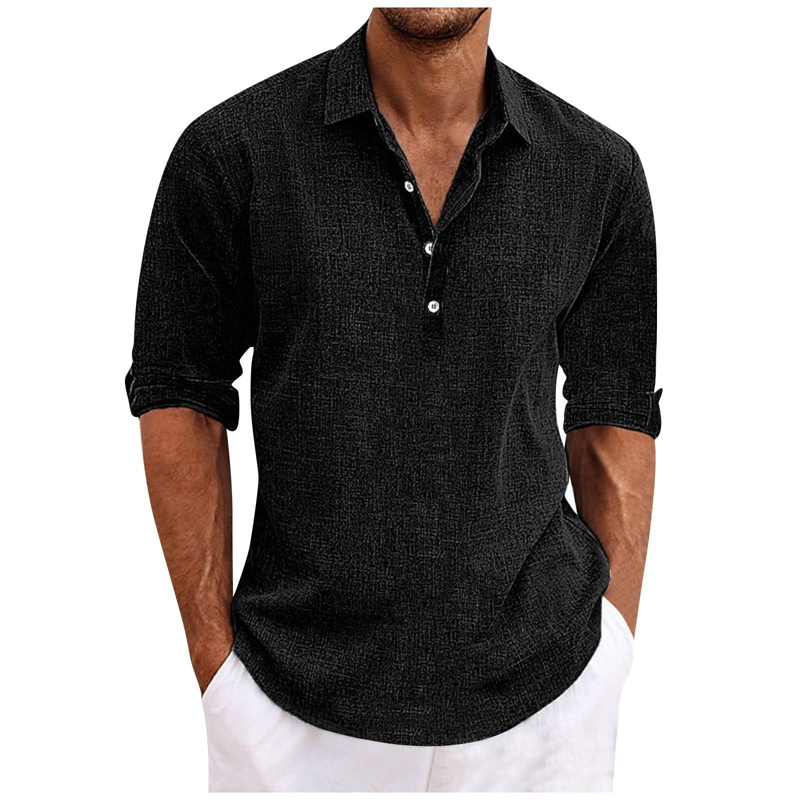 ADSSDQ Cotton Linen Henley Shirts for Men Solid Short Sleeve Band Collar Shirt with Pocket ...