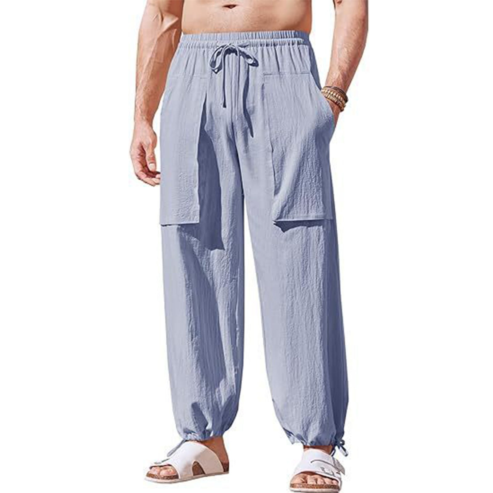 ADSSDQ Cotton Linen Joggers for Men Drawstring Elastic Waist Casual ...