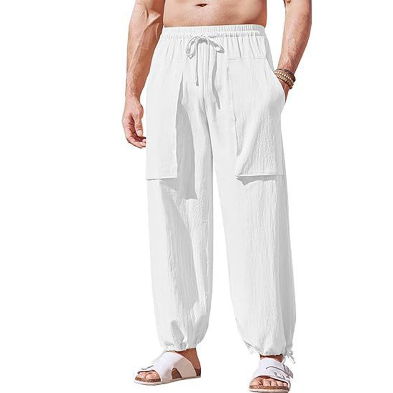 ADSSDQ Cotton Linen Joggers for Men Drawstring Elastic Waist Casual ...