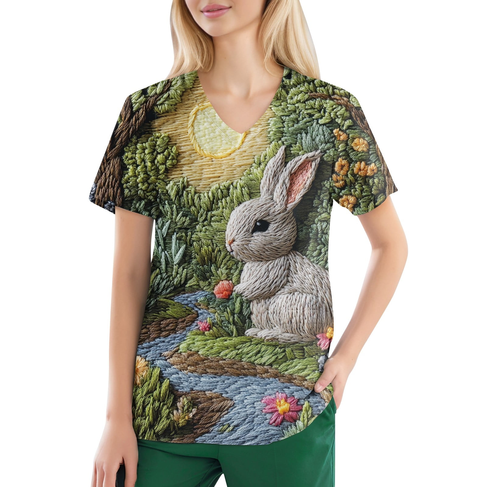 ADSSDQ Easter Scrub Tops Women Cute Casual Nurse Scrub V Neck Short ...