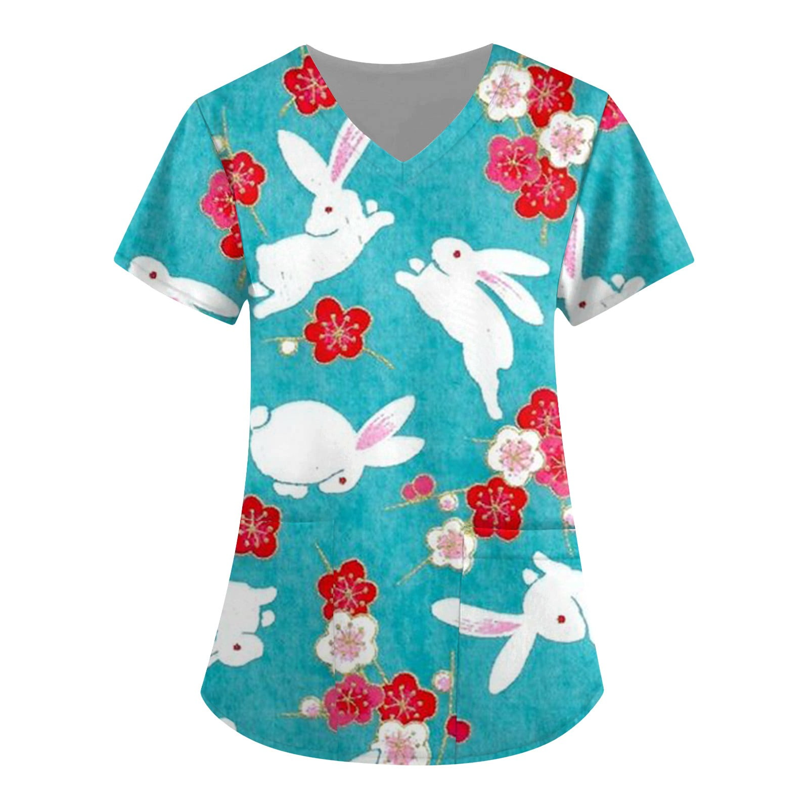 ADSSDQ Easter Scrub Tops Women Happy Bunny Rabbit Graphic Nurse Uniform ...
