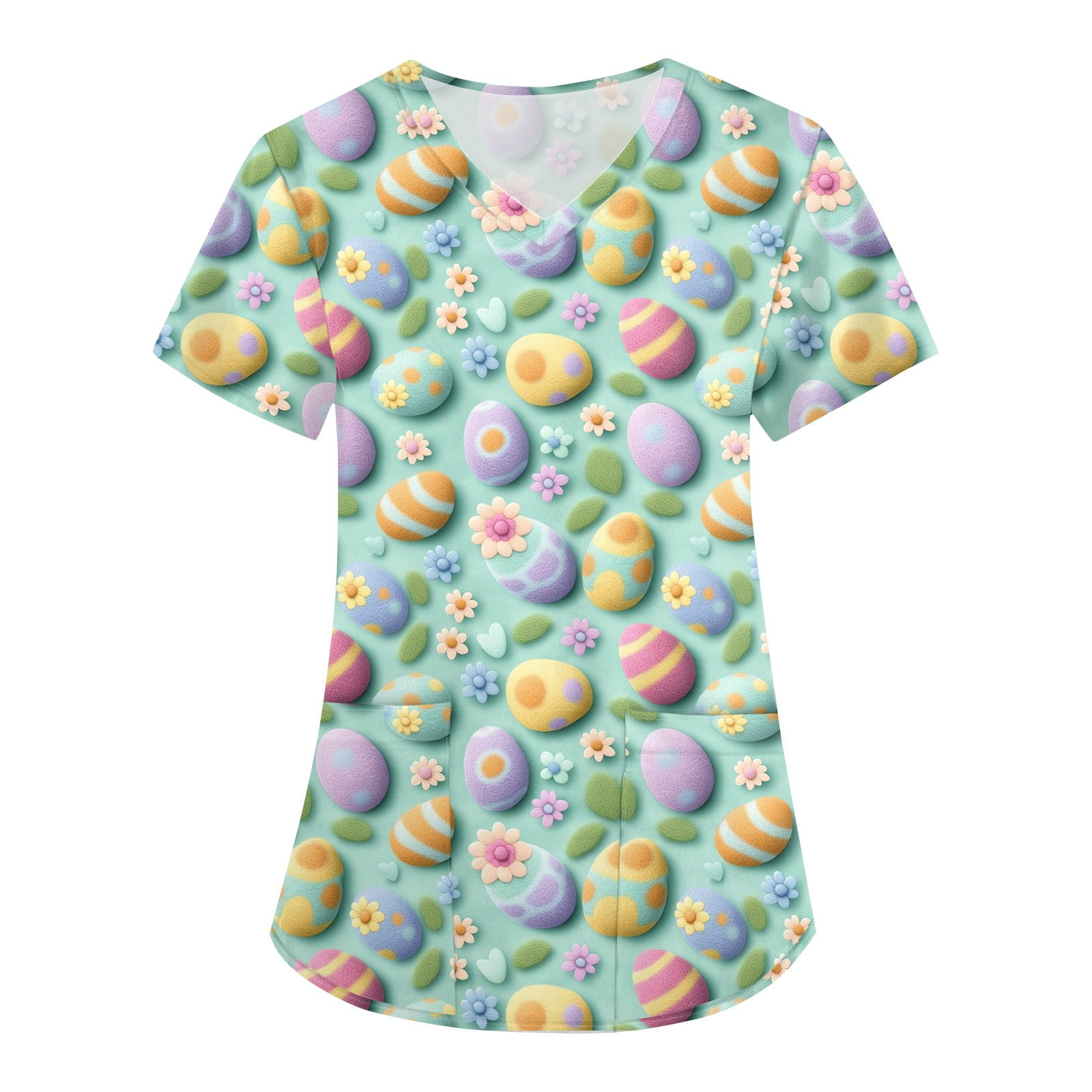 ADSSDQ Easter Scrub Tops Women Plus Size Bunny Egg Hunt Print Nurse Working Uniforms Funny V ...