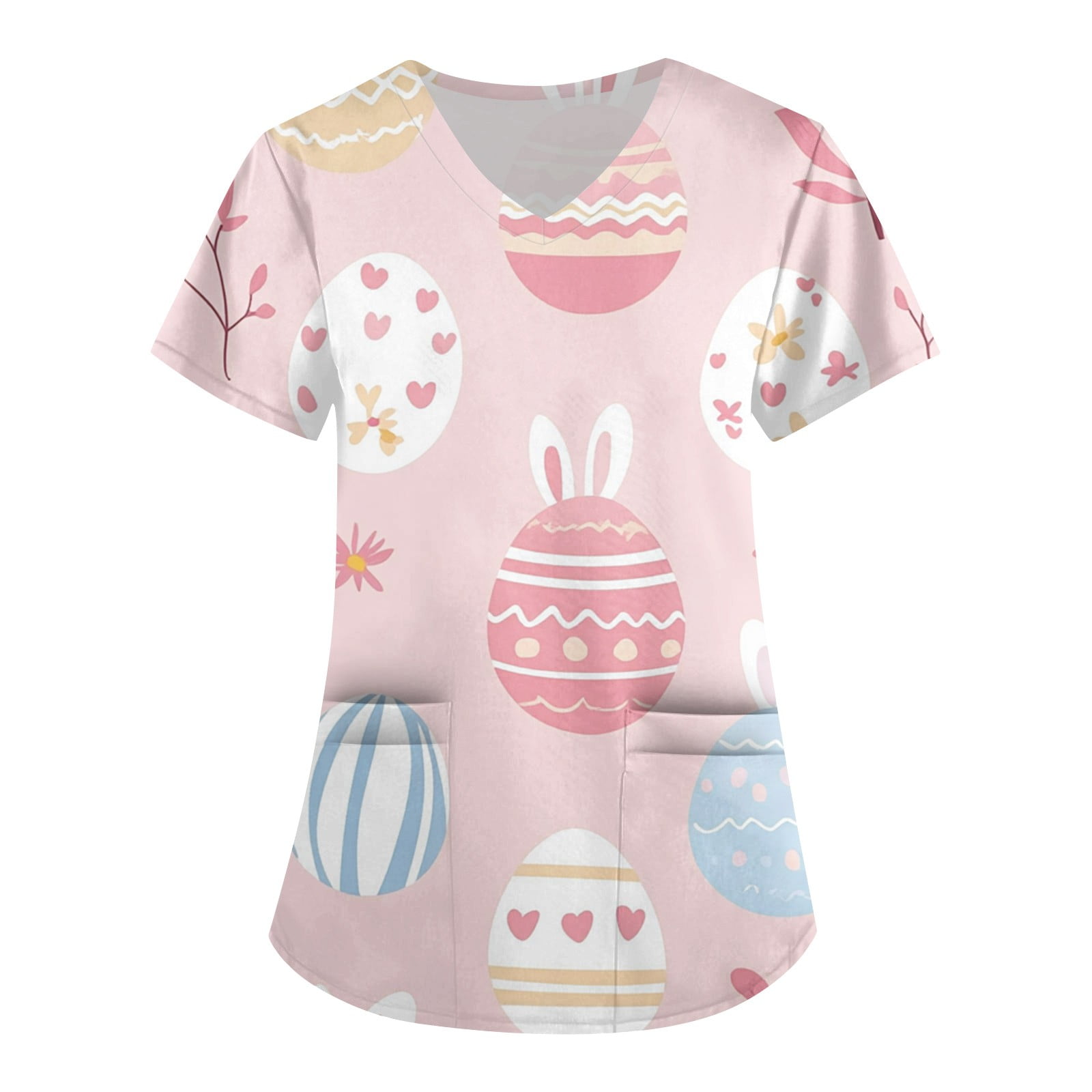 ADSSDQ Easter Scrub Tops Women Plus Size Bunny Eggs Print Nurse Working ...