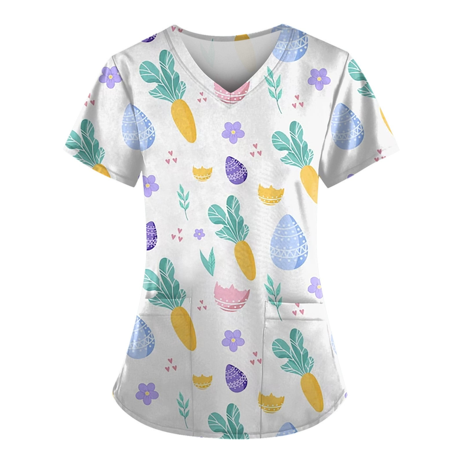 ADSSDQ Easter Scrub Tops Women Stretchy Bunny Egg Hunt Print Plus Size ...