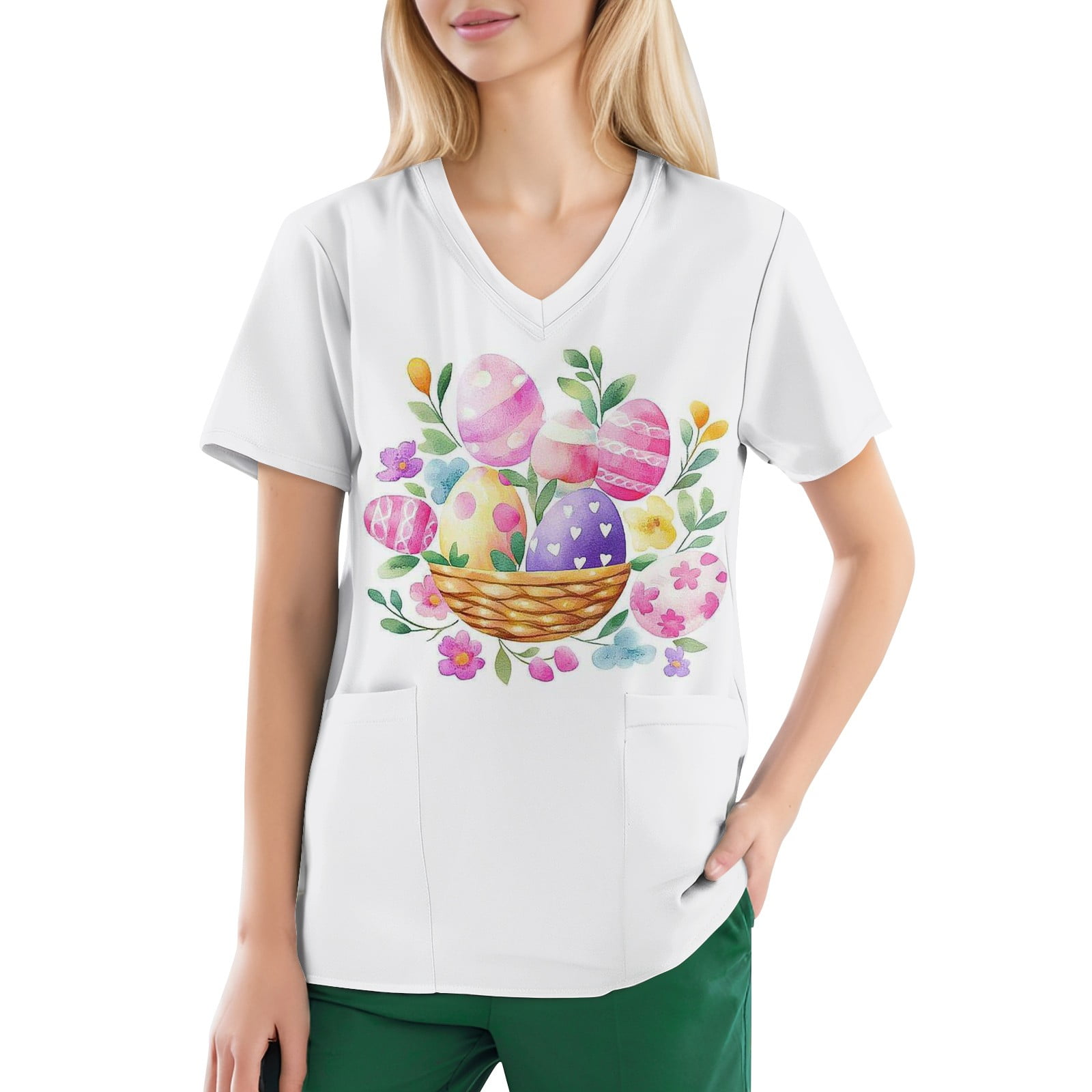 ADSSDQ Easter Scrub Tops Women Summer Short Sleeve Working Nurse ...