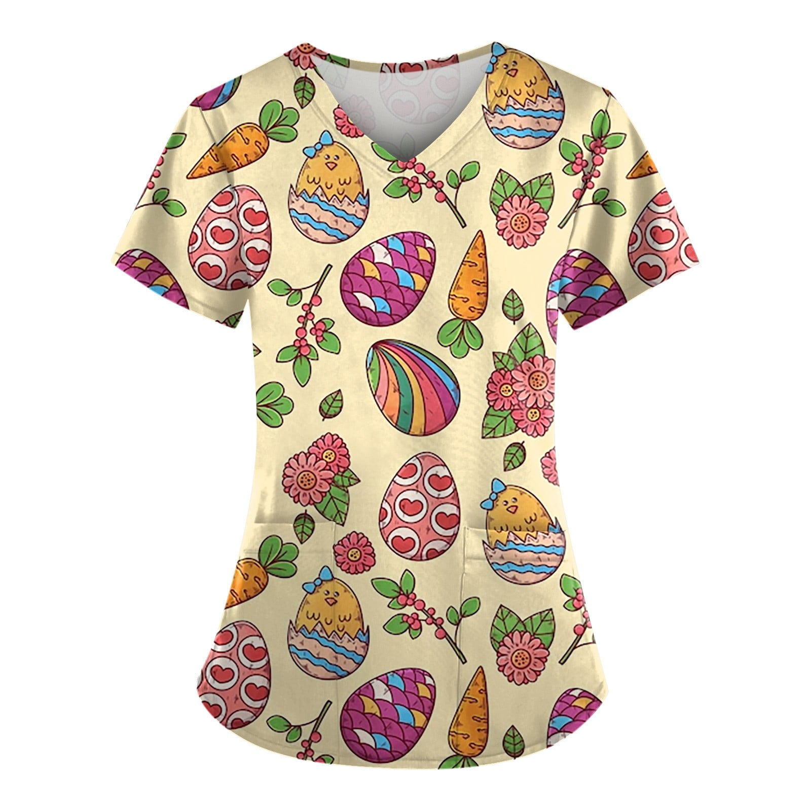 ADSSDQ Easter Scrubs Tops for Women Funny Bunny Egg Hunt Print Nursing Uniform Plus Size V Neck ...