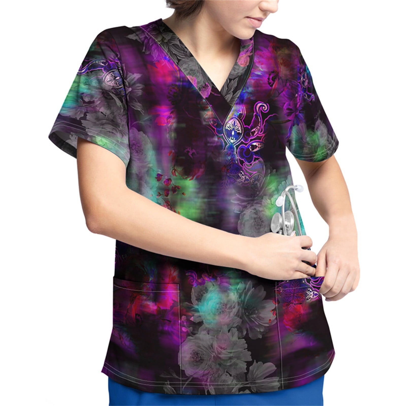 Adssdq Floral Print Scrub Tops Women Summer Plus Size V Neck Workwear Working Uniform Blouse