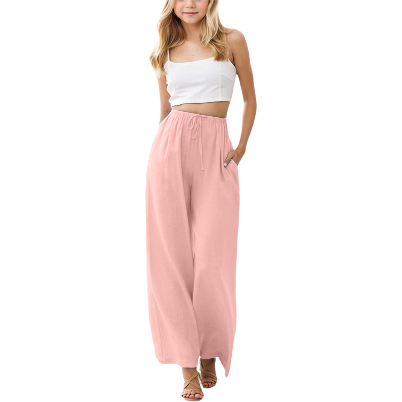 ADSSDQ Girls Linen Pants Baggy Wide Leg Flowy Palazzo Pant High Waisted ...
