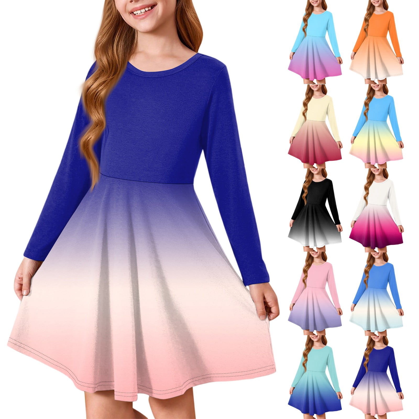 ADSSDQ Girls Long Sleeve Stretchy Dress A line Twirly Skater School ...