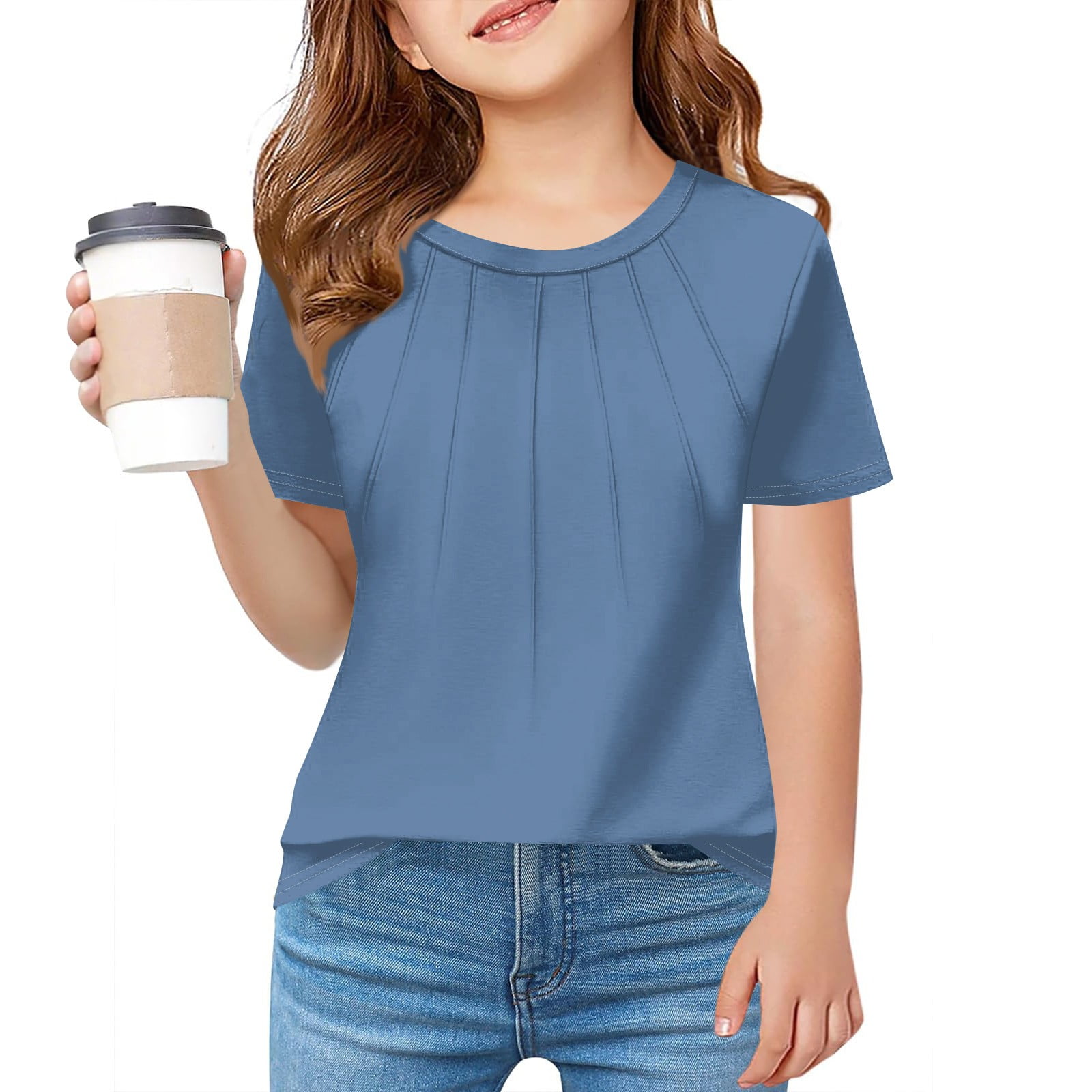 ADSSDQ Girls' Summer T Shirts Pleated Crewneck Short Sleeve Cute Casual ...