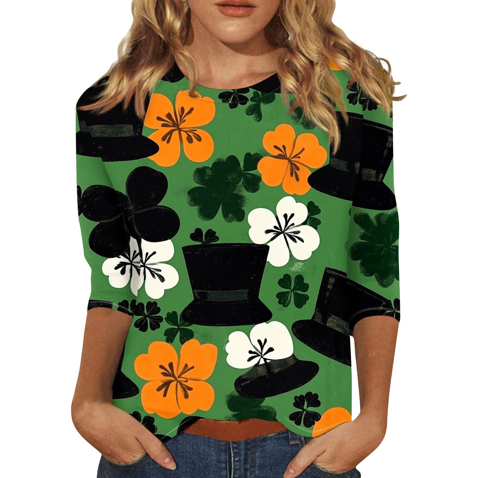 ADSSDQ Irish Lucky Clover St Patricks Day Shirt Women 3/4 Length Sleeve ...