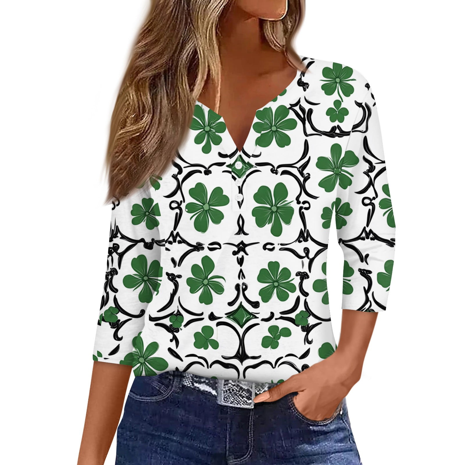 ADSSDQ Irish Shamrock Print Henley Shirts for Women Saint Patricks Day ...