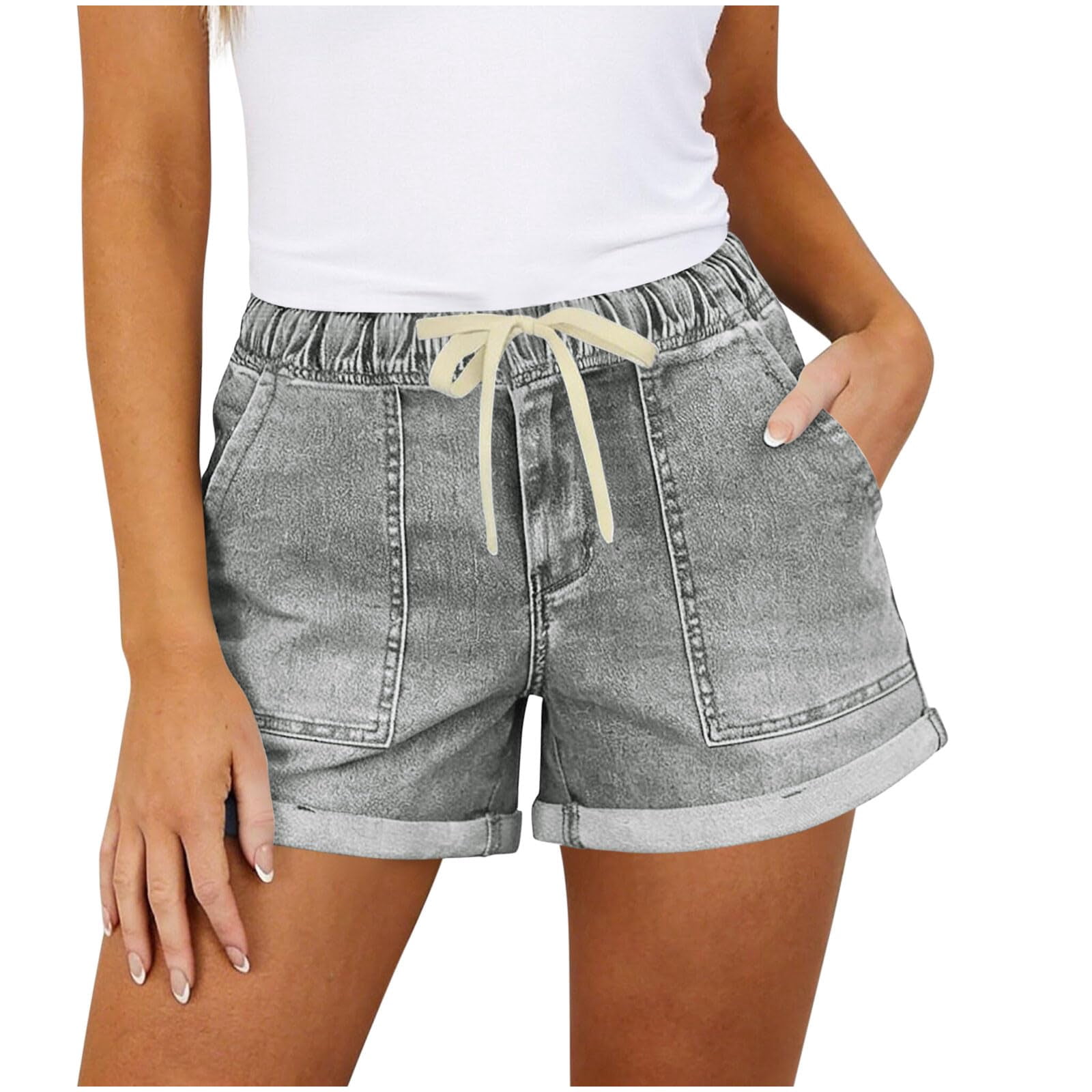 ADSSDQ Jean Shorts Womens Stretchy Cotton Denim Drawstring Elastic ...