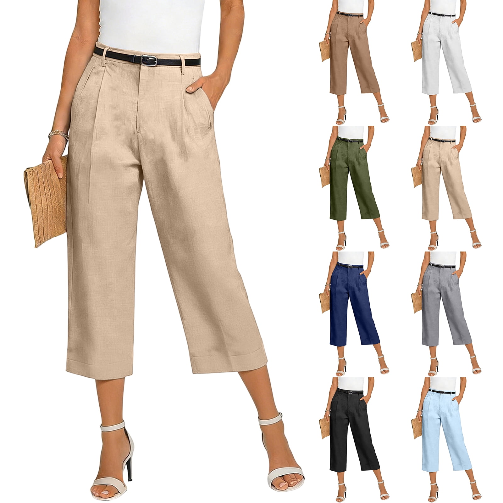 ADSSDQ Linen Capri Pant Women Wide Leg Palazzo Pants Dressy Casual Work ...