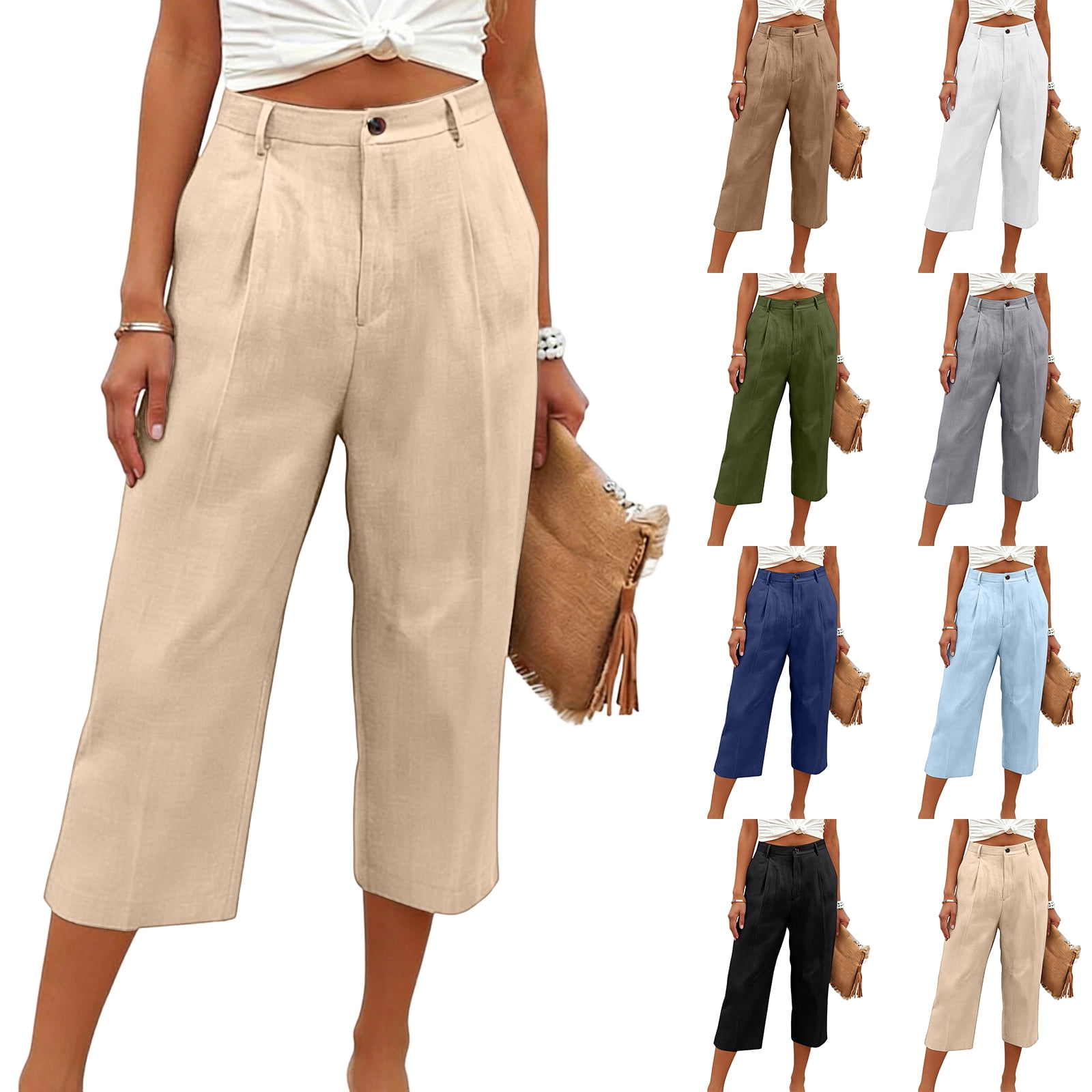 ADSSDQ Linen Capris Women Wide Leg Palazzo Pants Dressy Casual Work ...
