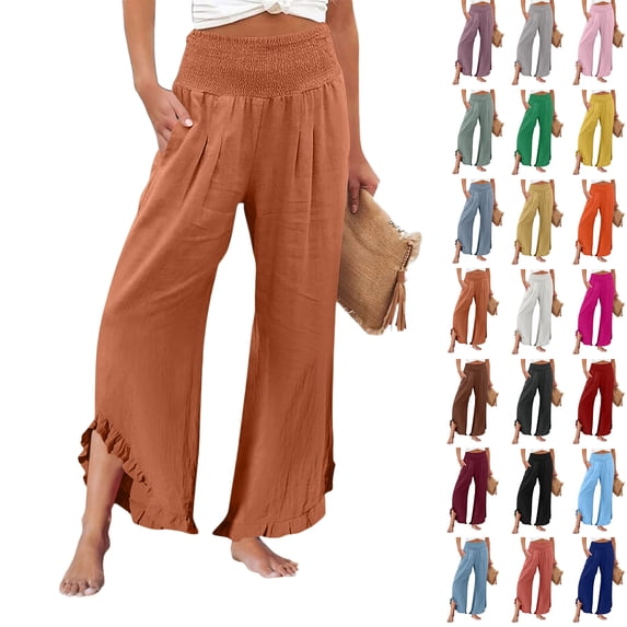 ADSSDQ Linen Pants Women Smocked High Waisted Wide Leg Cropped Palazzo ...