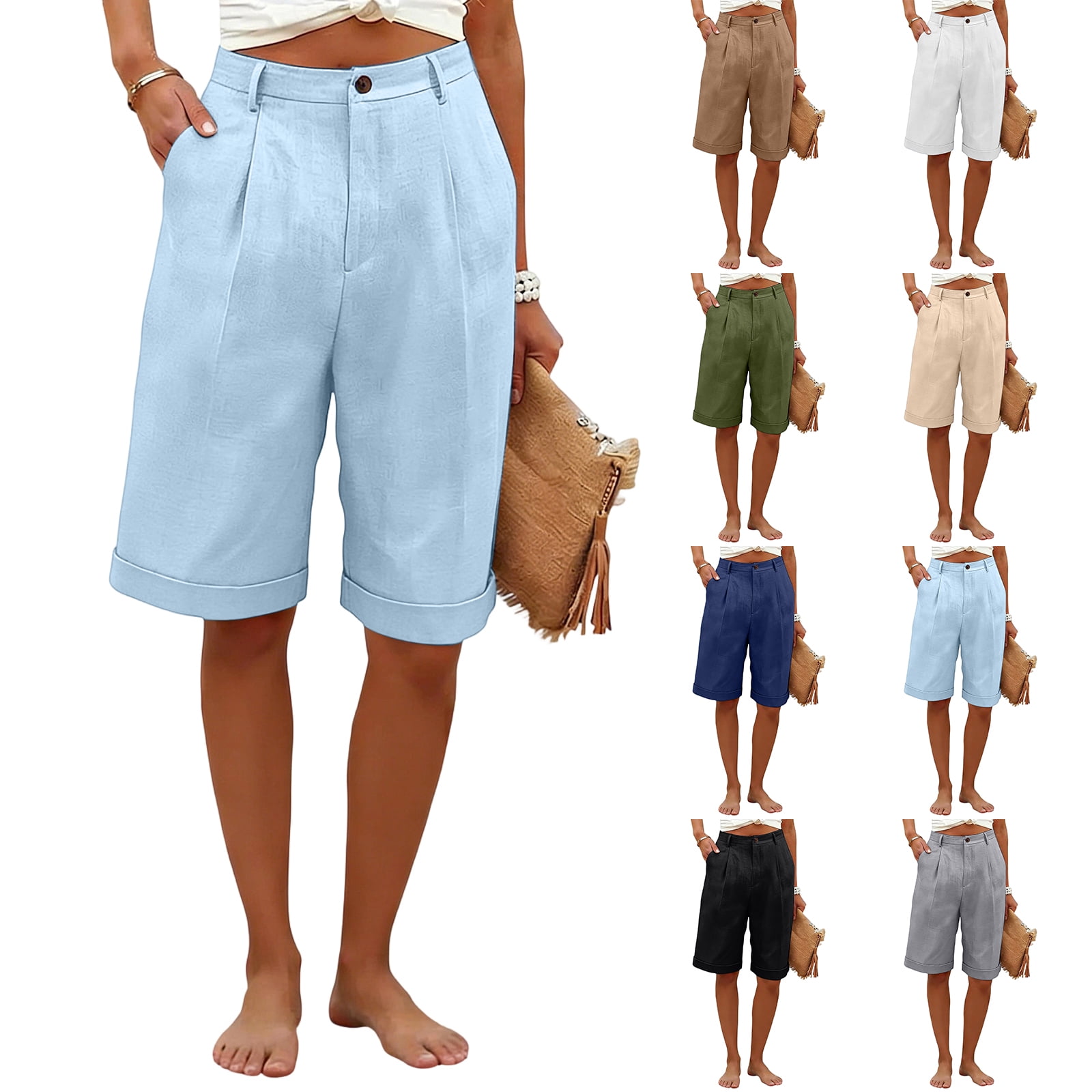 ADSSDQ Linen Short for Women Summer Bermuda Shorts with Pockets Dressy ...