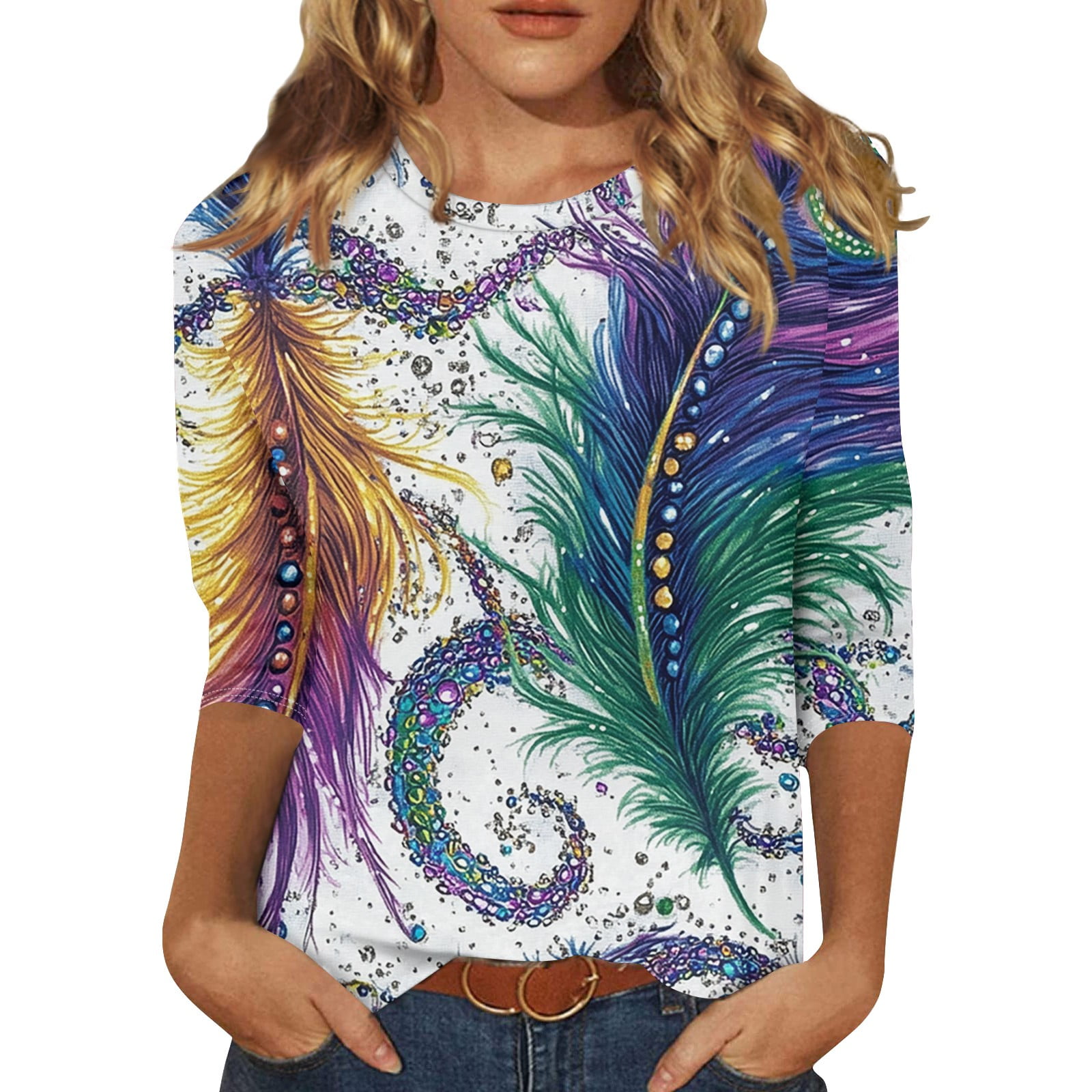 ADSSDQ Mardi Gras Plus Size Tops for Women 3/4 Sleeve Mardi Gras Shirts ...