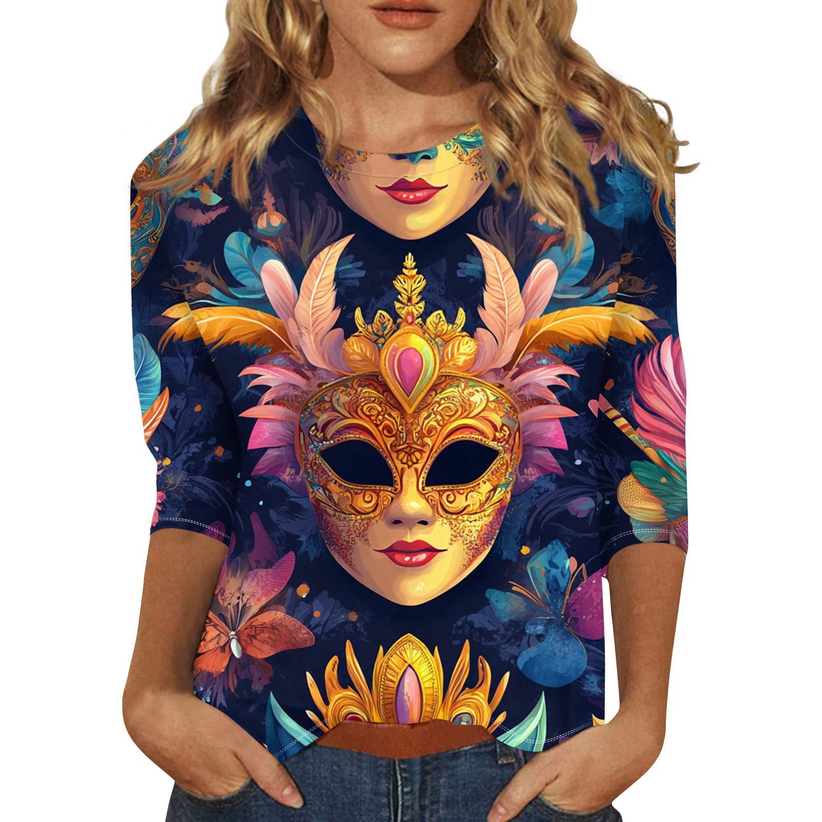 ADSSDQ Mardi Gras Shirts for Women 3/4 Sleeve Tops for Women Party ...
