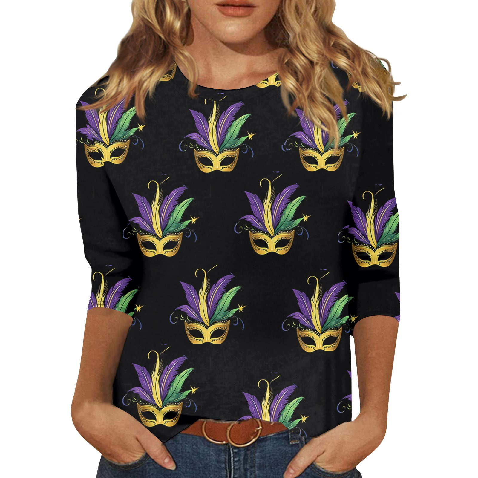 ADSSDQ Mardi Gras Shirts for Women Plus Size Loose Fit 3/4 Length ...