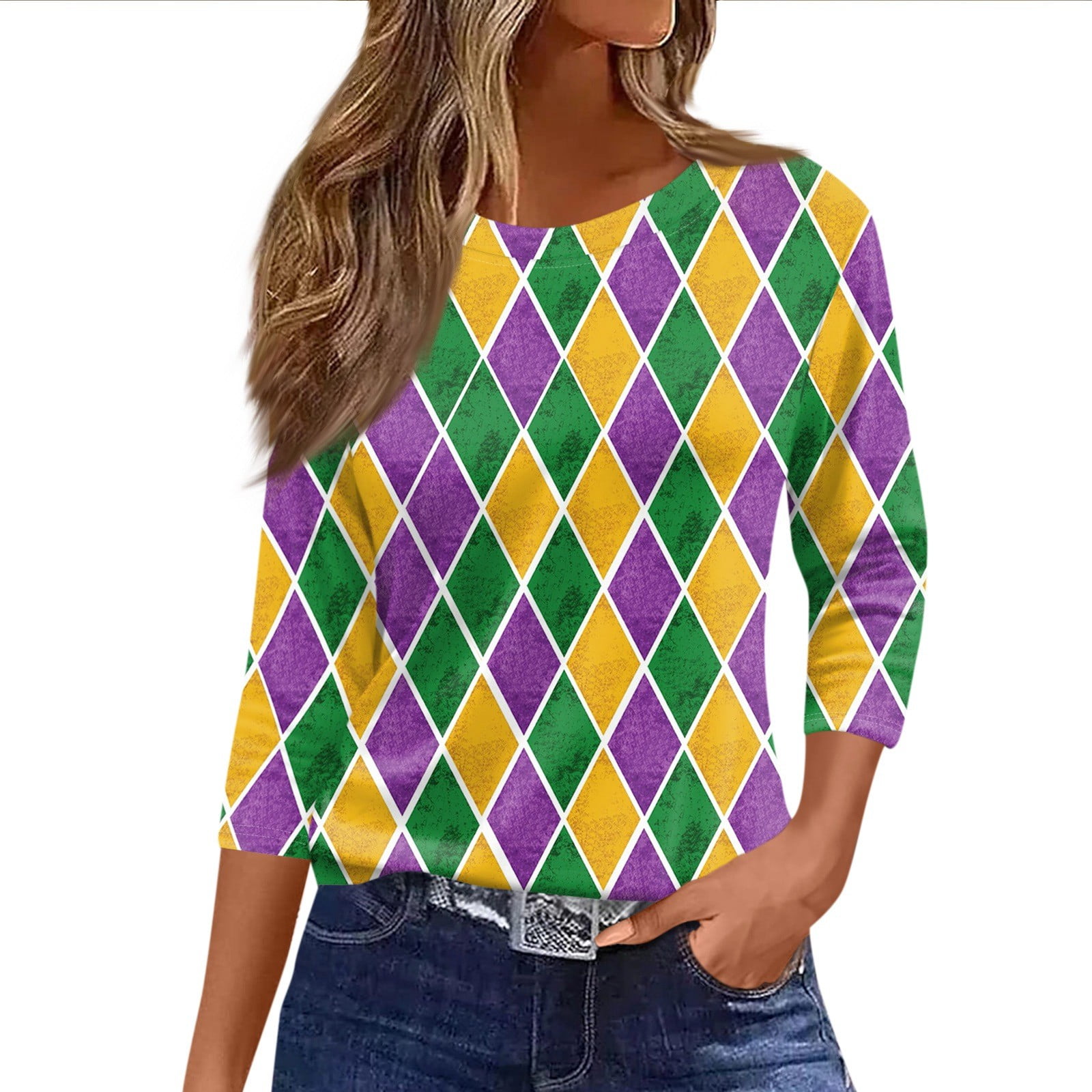ADSSDQ Mardi Gras Shirts for Women Plus Size Loose Fit 3/4 Sleeve Tunic ...