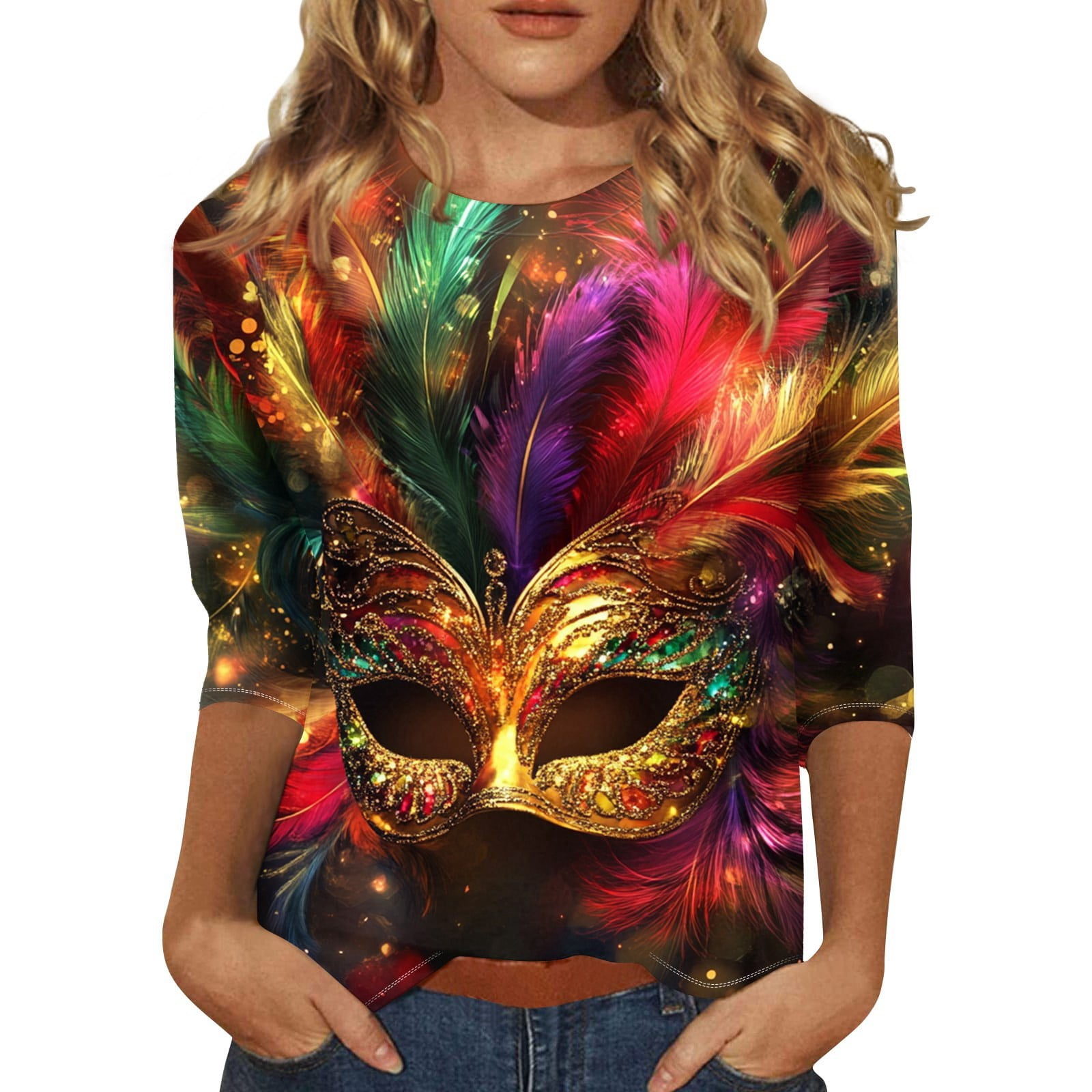 ADSSDQ Mardi Gras Shirts for Women Plus Size Loose Fit 3/4 Sleeve Tunic ...