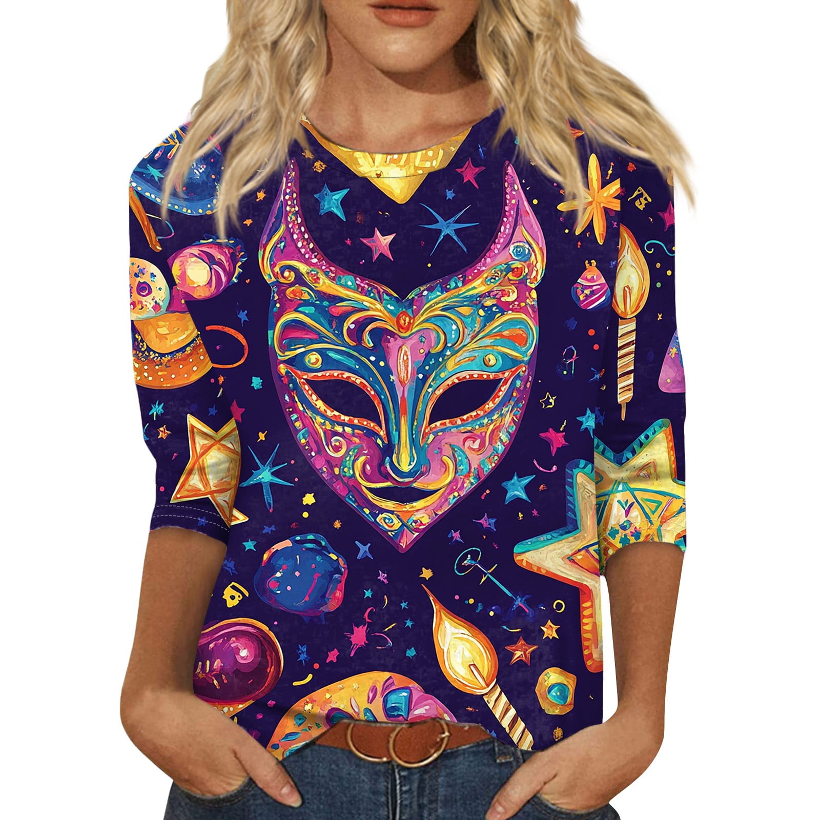 ADSSDQ Mardi Gras T Shirts for Women 3/4 Length Sleeve Womens Tops ...