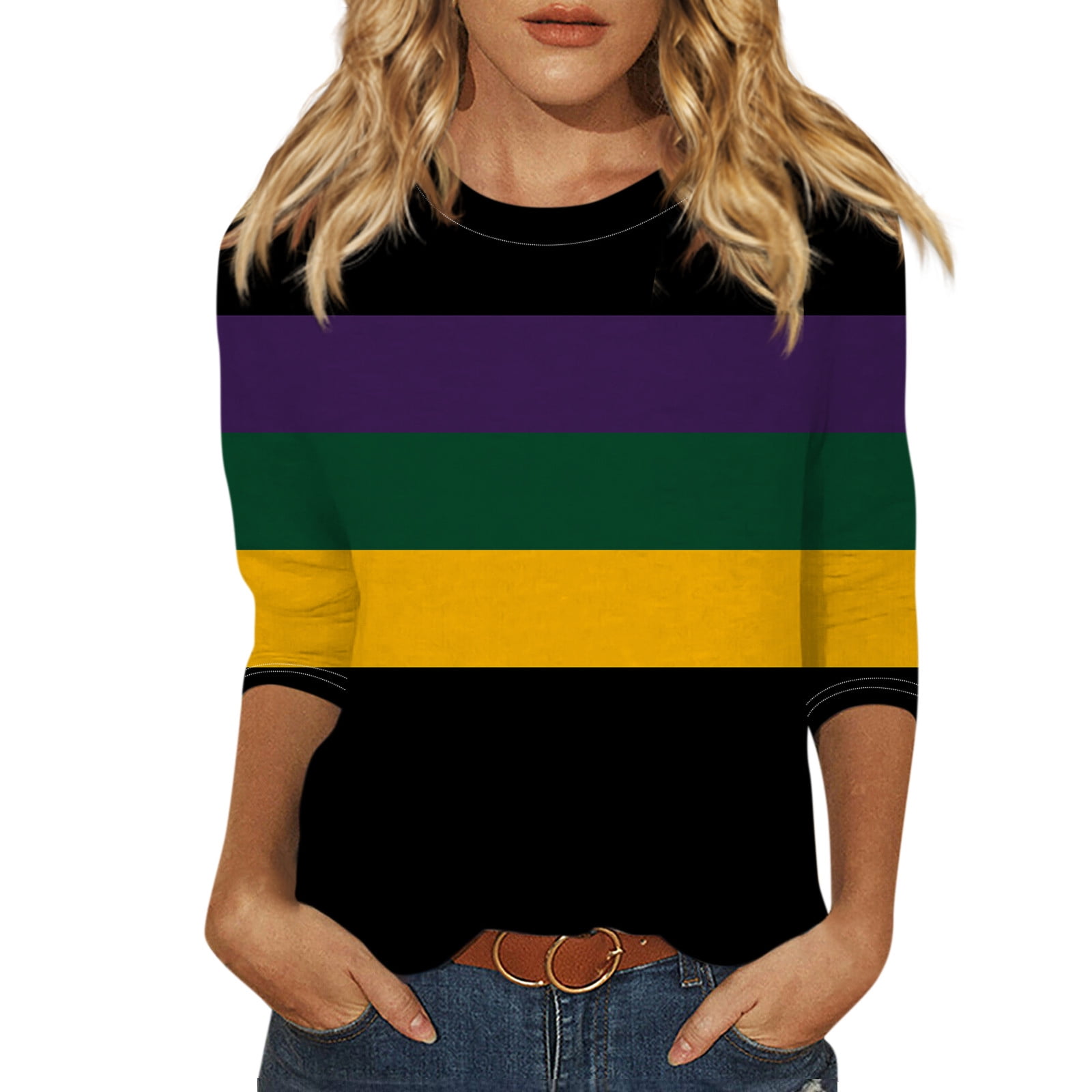 ADSSDQ Mardi Gras T Shirts for Women 3/4 Sleeve Tops for Women Graphic ...