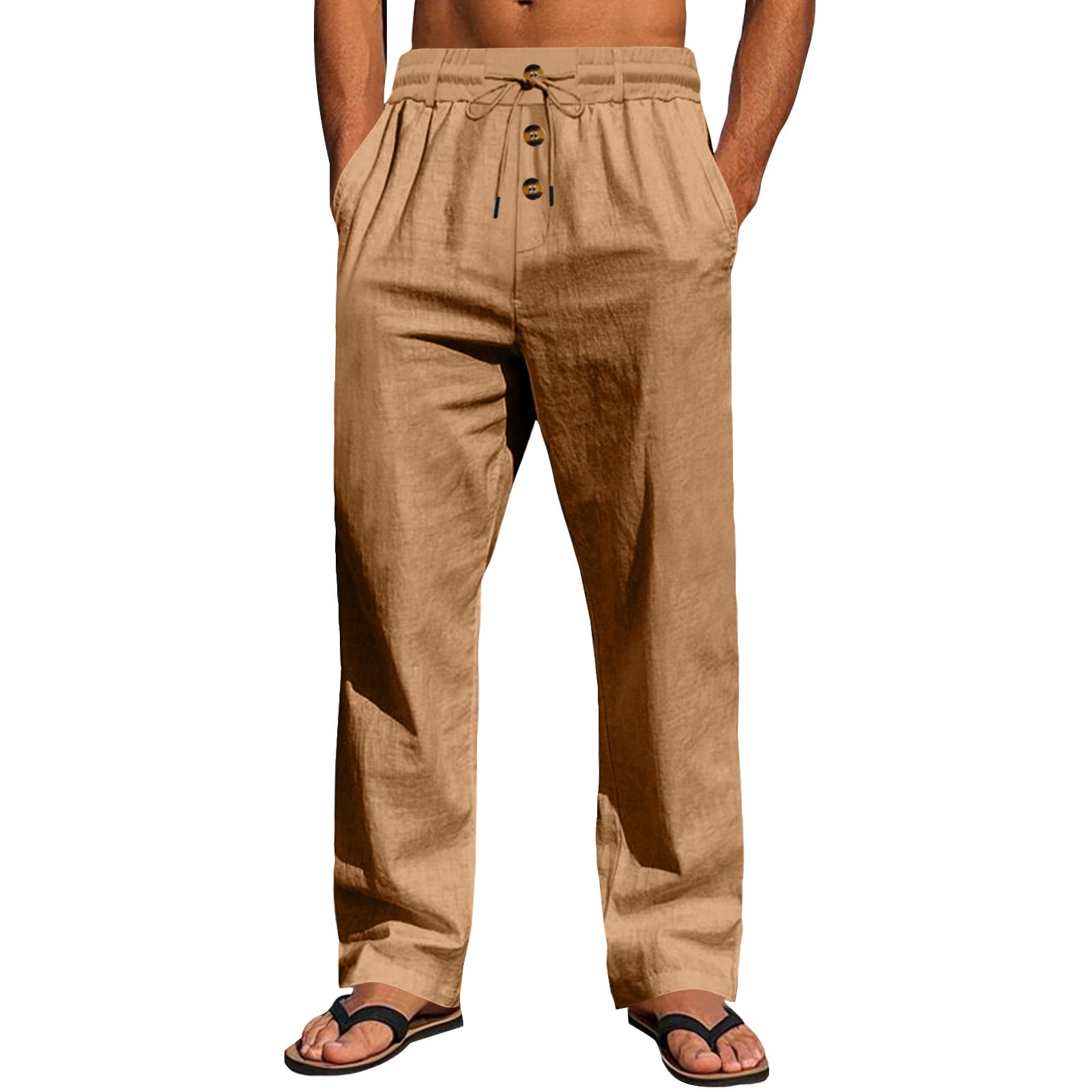 ADSSDQ Men's Casual Linen Pants Elastic Waist Drawstring Summer Beach ...