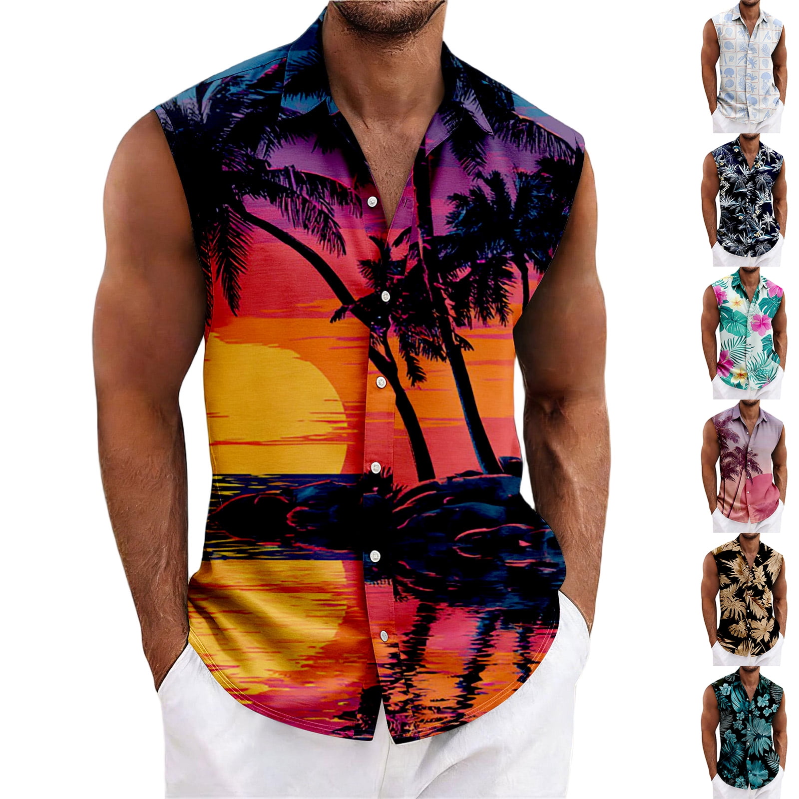 ADSSDQ Men's Hawaiian Sleeveless Shirts Tropical Floral Beach Tops ...