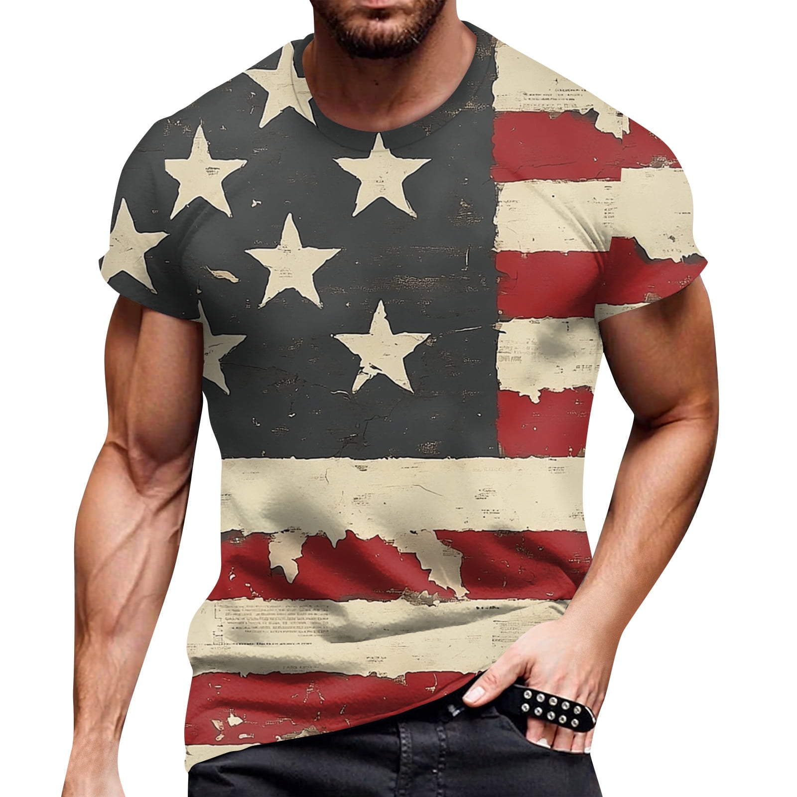 ADSSDQ Men's Independence Day USA Flag Print Shirts Short Sleeve Crew ...