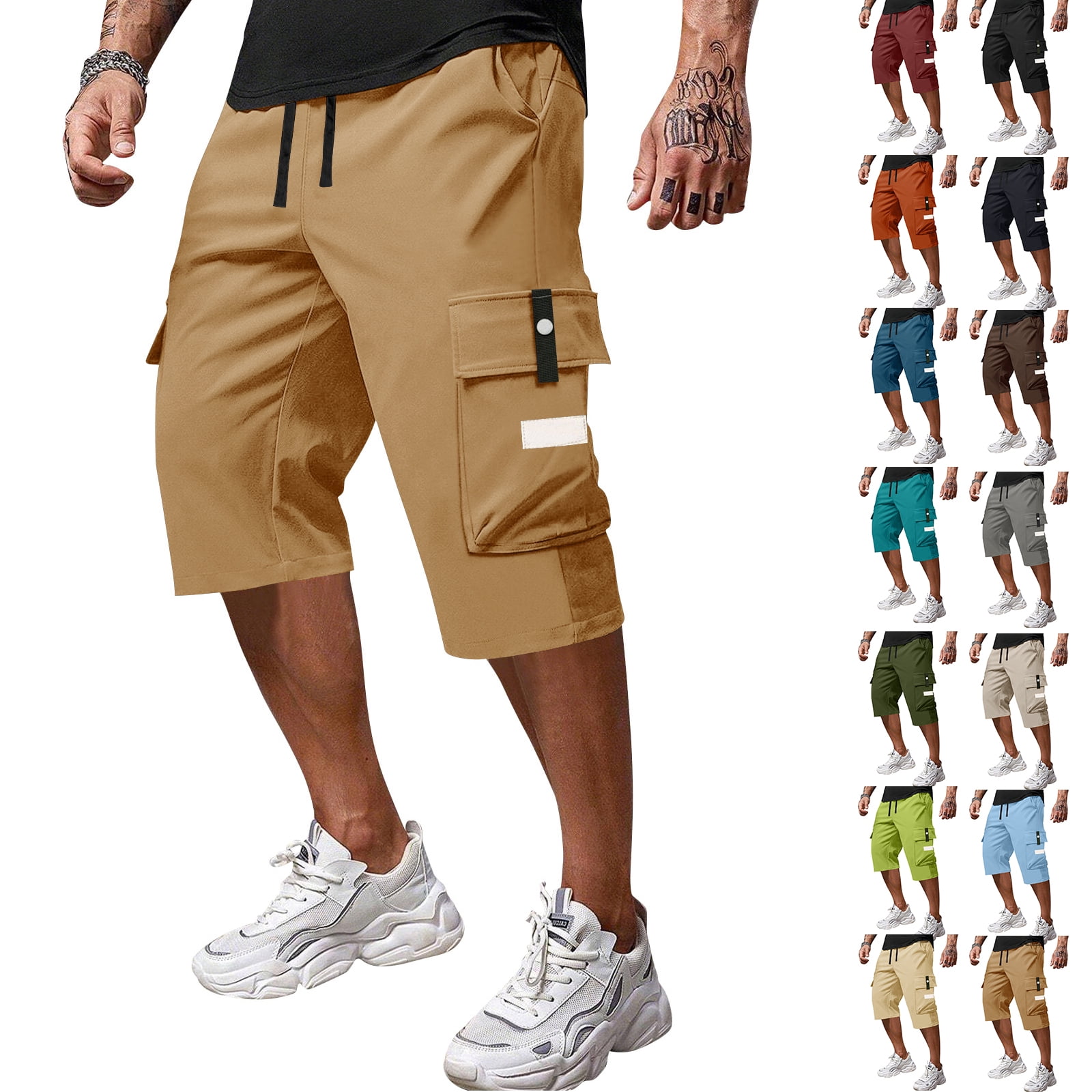 ADSSDQ Mens Casual Drawstring Capri Cargo Pants 3/4 Length Long ...