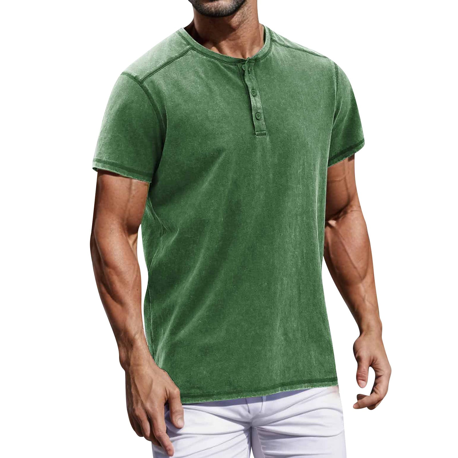 ADSSDQ Mens Distressed Henley Shirts Casual Washed T-Shirts Retro Short ...