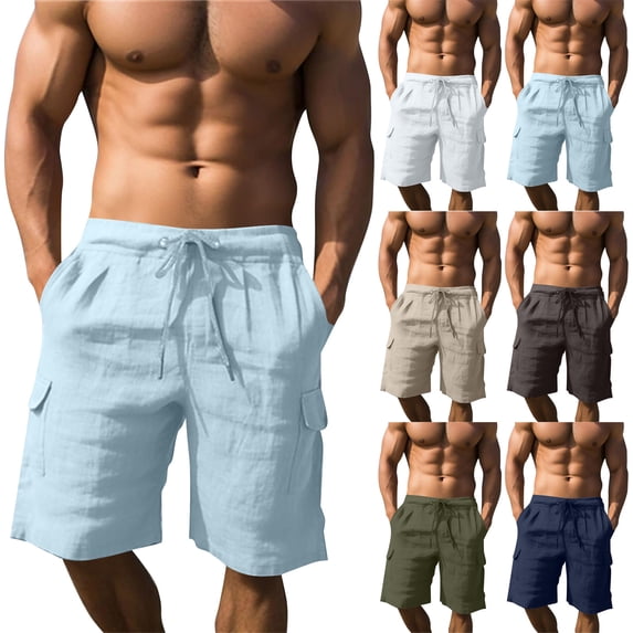 ADSSDQ Mens Linen Cargo Shorts Summer Casual Baggy Elastic Waist ...